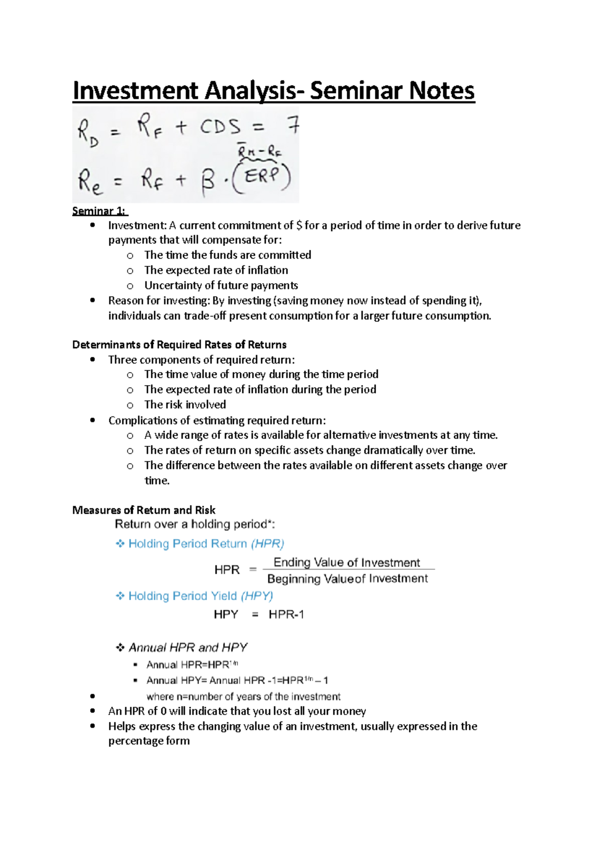 Investment Analysis - Lecture notes 1-12 - Investment Analysis- Seminar ...