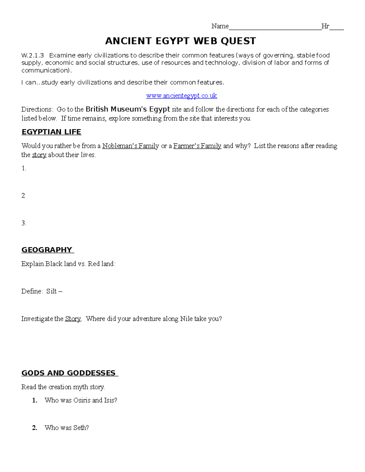 Web quest Egypt British Museum - Name__________________________Hr ...