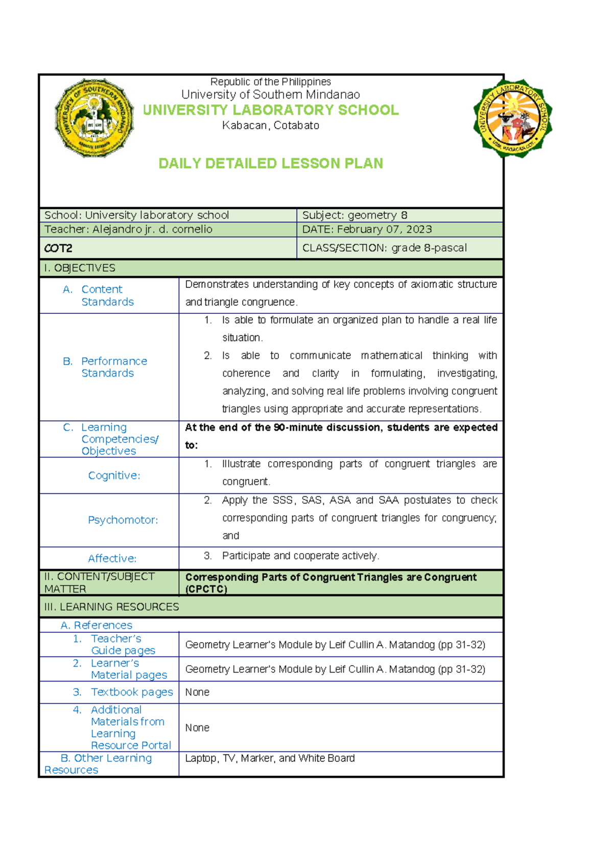 Lesson Plan 4 Corresponding Parts of Congruent TRiangles are Congruent ...