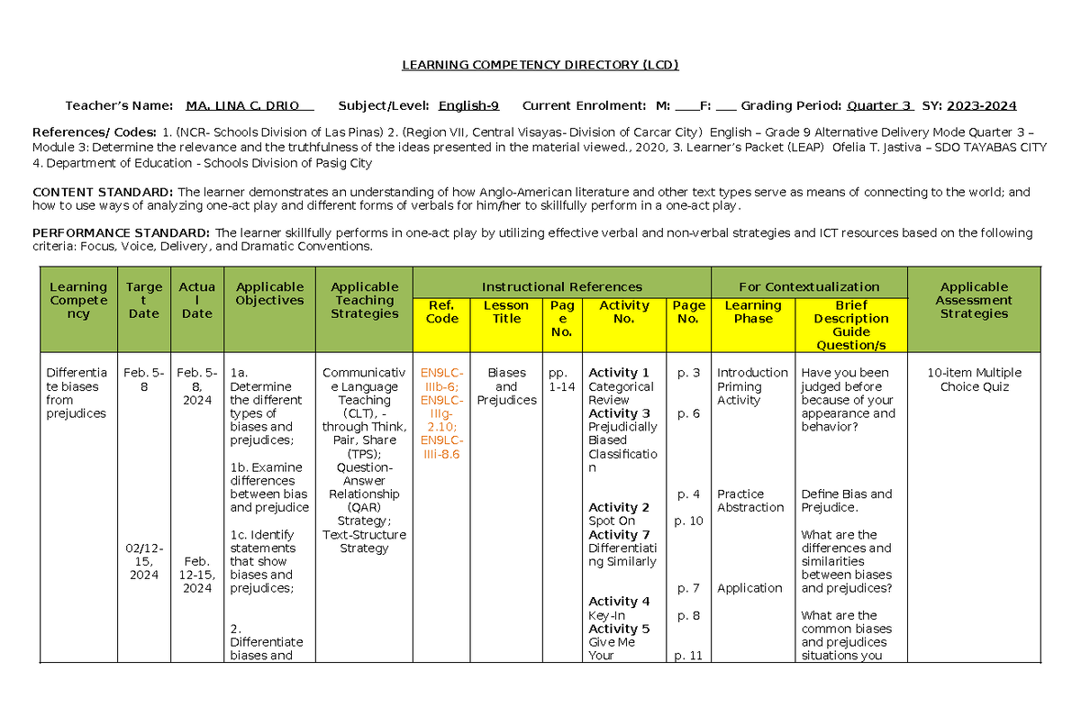 LCD English 8 (Quarter 3) - LEARNING COMPETENCY DIRECTORY (LCD) Teacher’s Name: MA. LINA C. DRIO ...