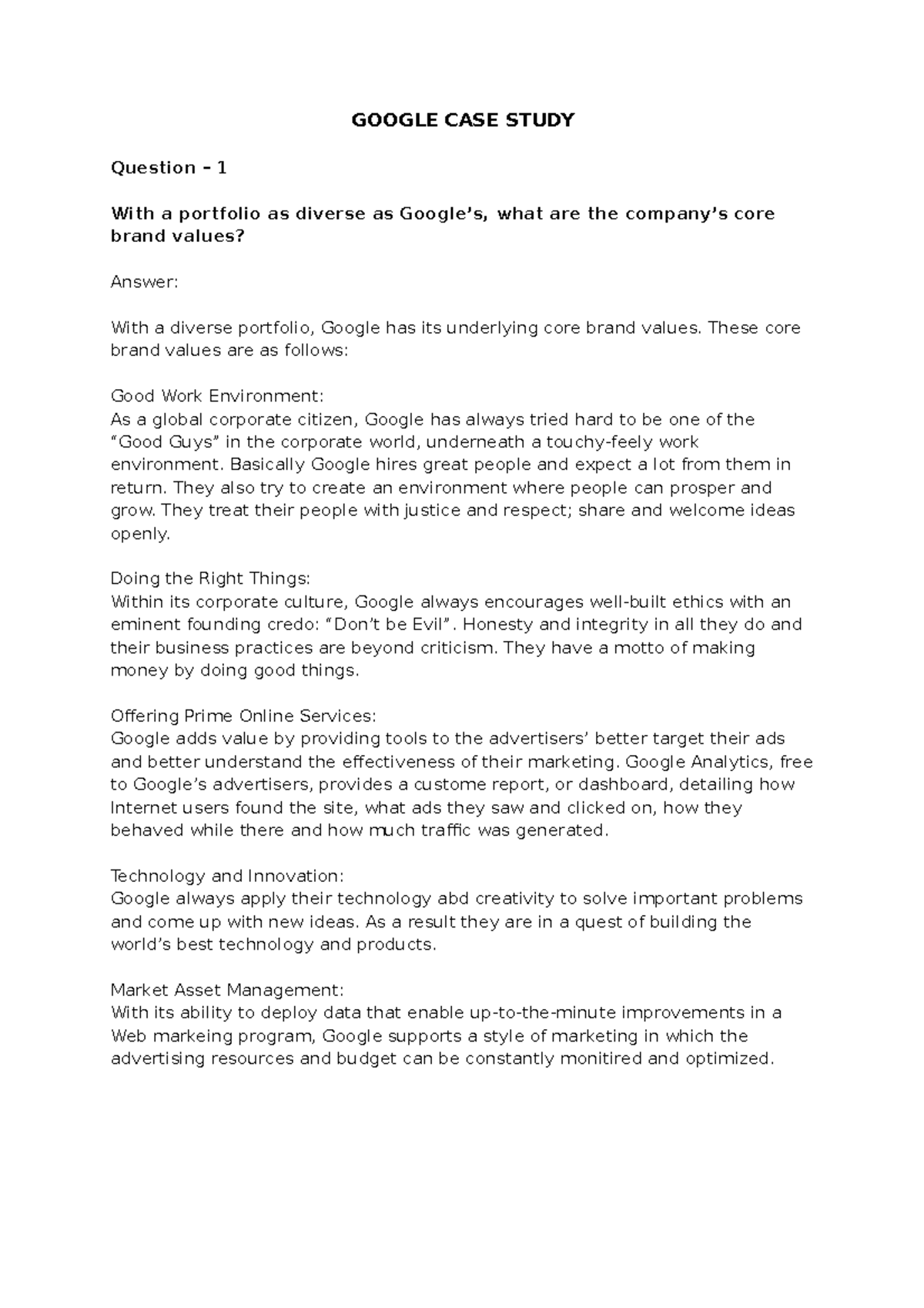 Pdfcoffee - hgugujbjb - GOOGLE CASE STUDY Question – 1 With a portfolio as diverse as Google’s ...