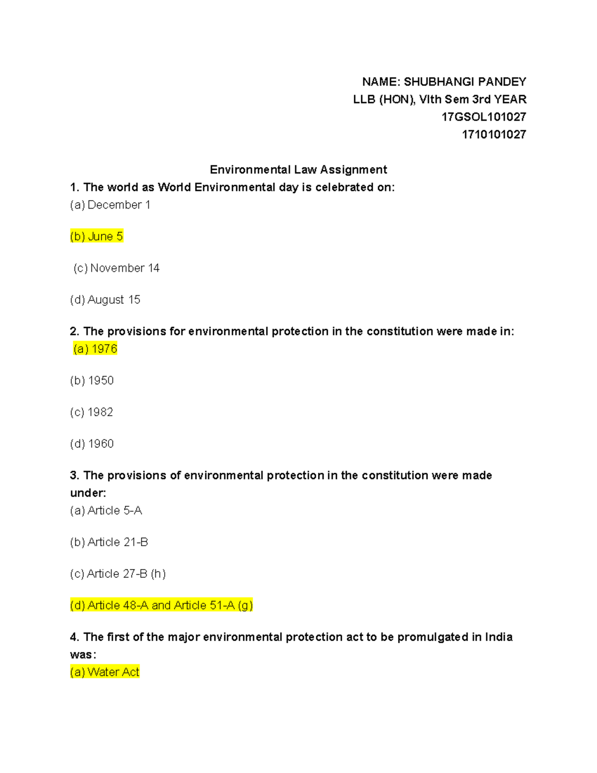 453808857 MCQ environment law docx - NAME: SHUBHANGI PANDEY LLB (HON ...