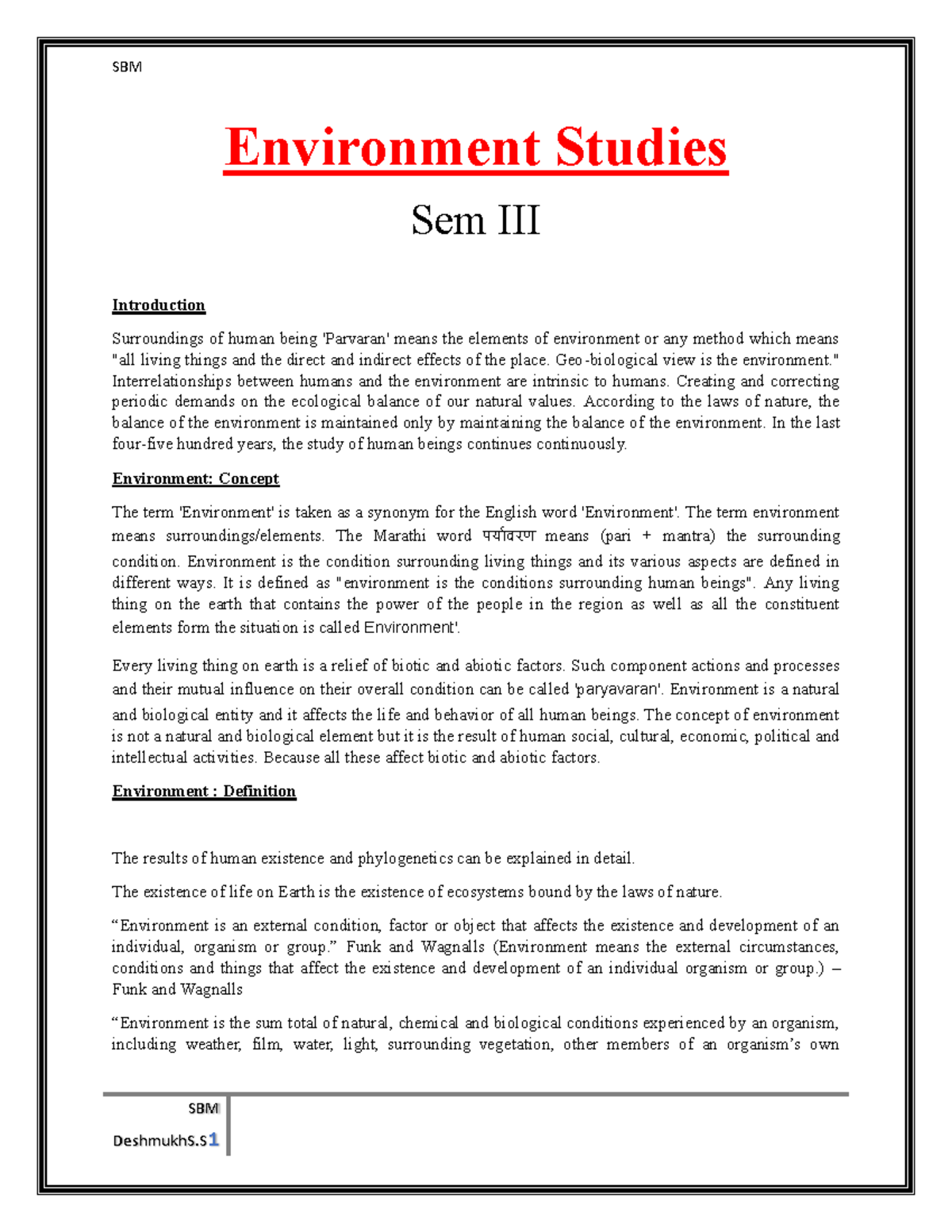 PDF EVS Eng Medium - SBM Environment Studies Sem III Introduction Surroundings of human being ...