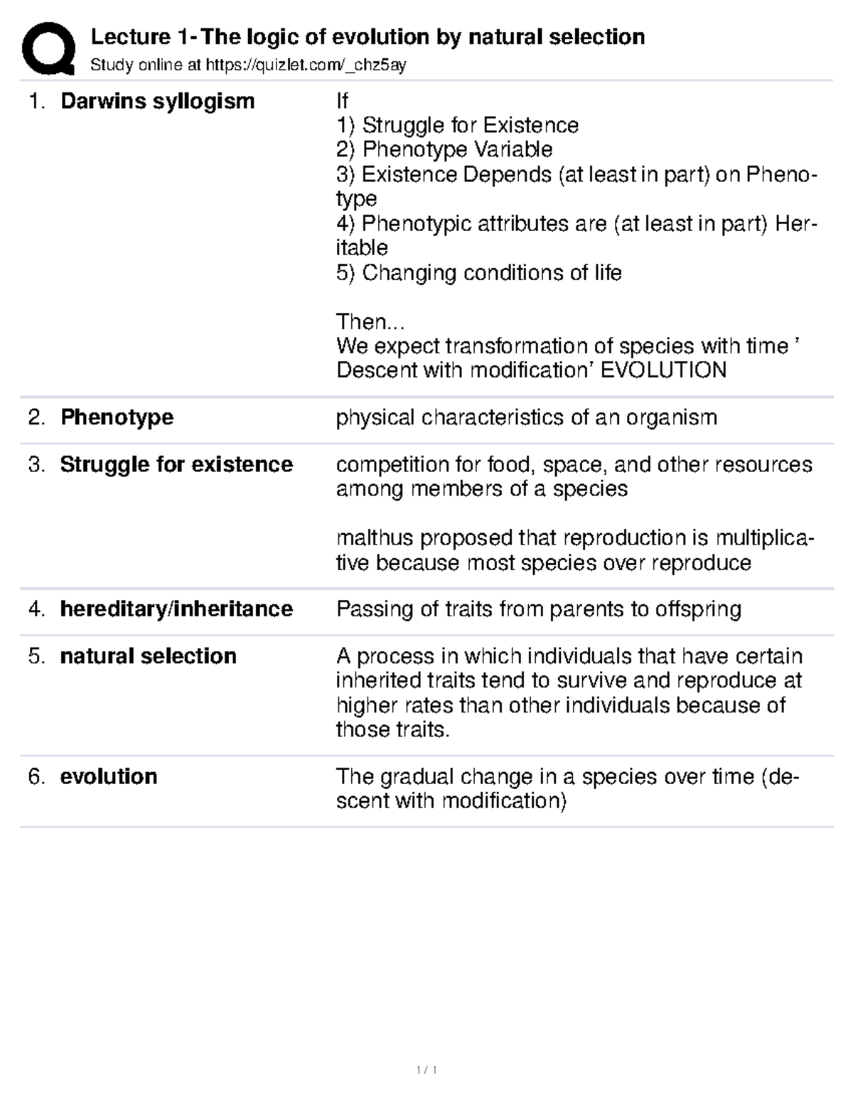 Study Guide Lecture 1 - Lecture 1- The logic of evolution by natural ...