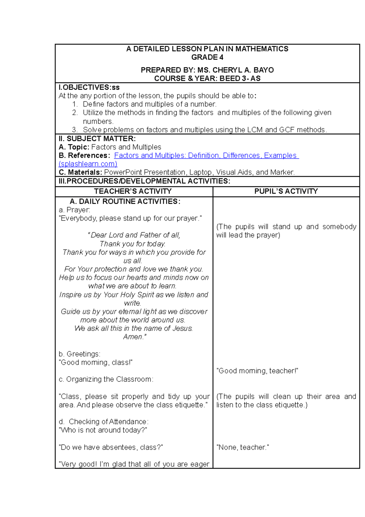 Factors and Multiples - A DETAILED LESSON PLAN IN MATHEMATICS GRADE 4 ...