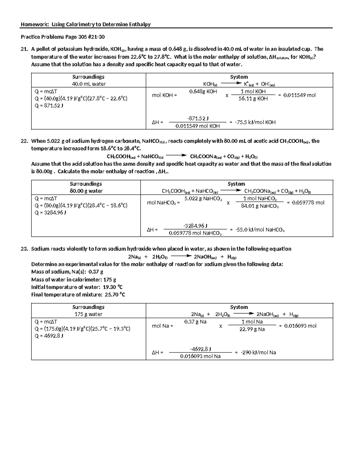 Homework - determing enthalpy using calorimetry - Homework: Using ...