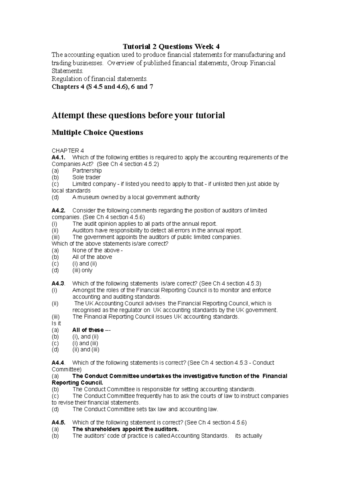 Accounting - Tutorial 2 Questions Week 4 - Tutorial 2 Questions Week 4 ...