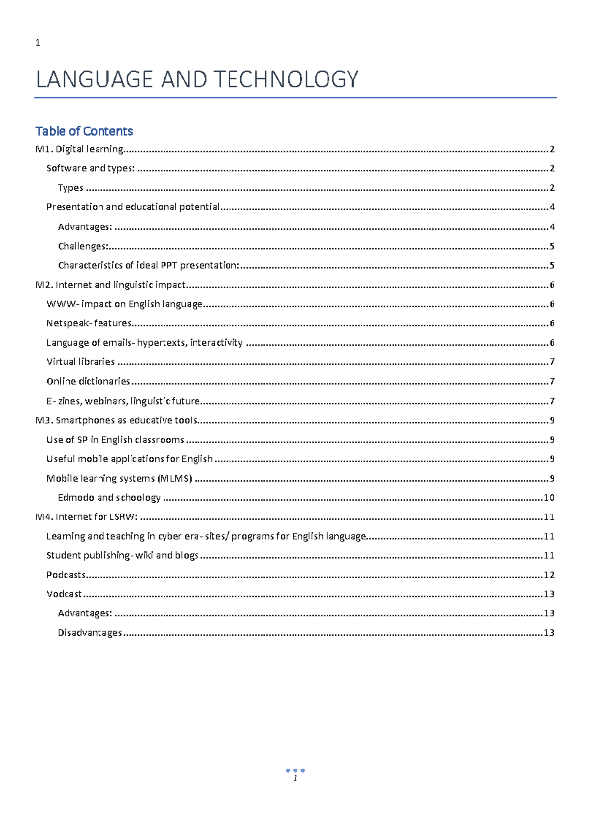 Language and technology - LANGUAGE AND TECHNOLOGY M1. Digital learning. Table of Contents ...
