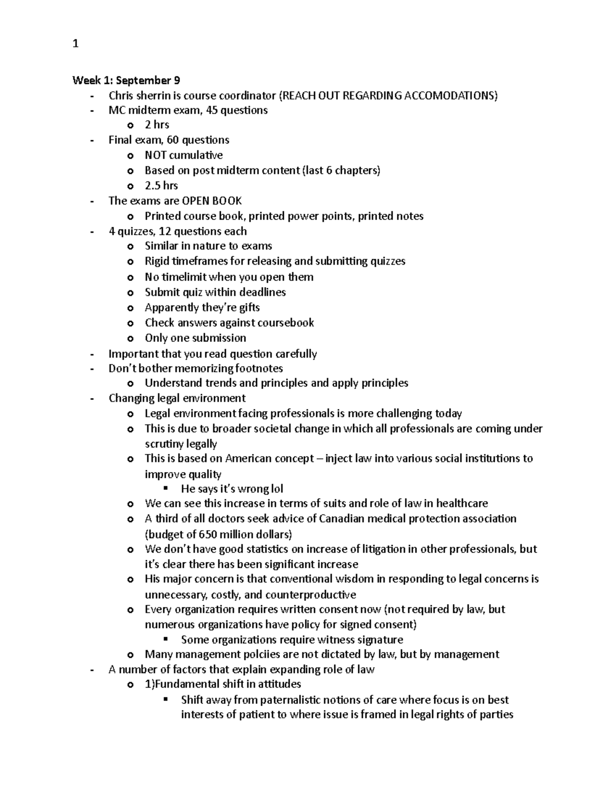 Law 3101 Midterm 1 Lecture Notes - Health Sciences 3101A/B - UWO - Studocu