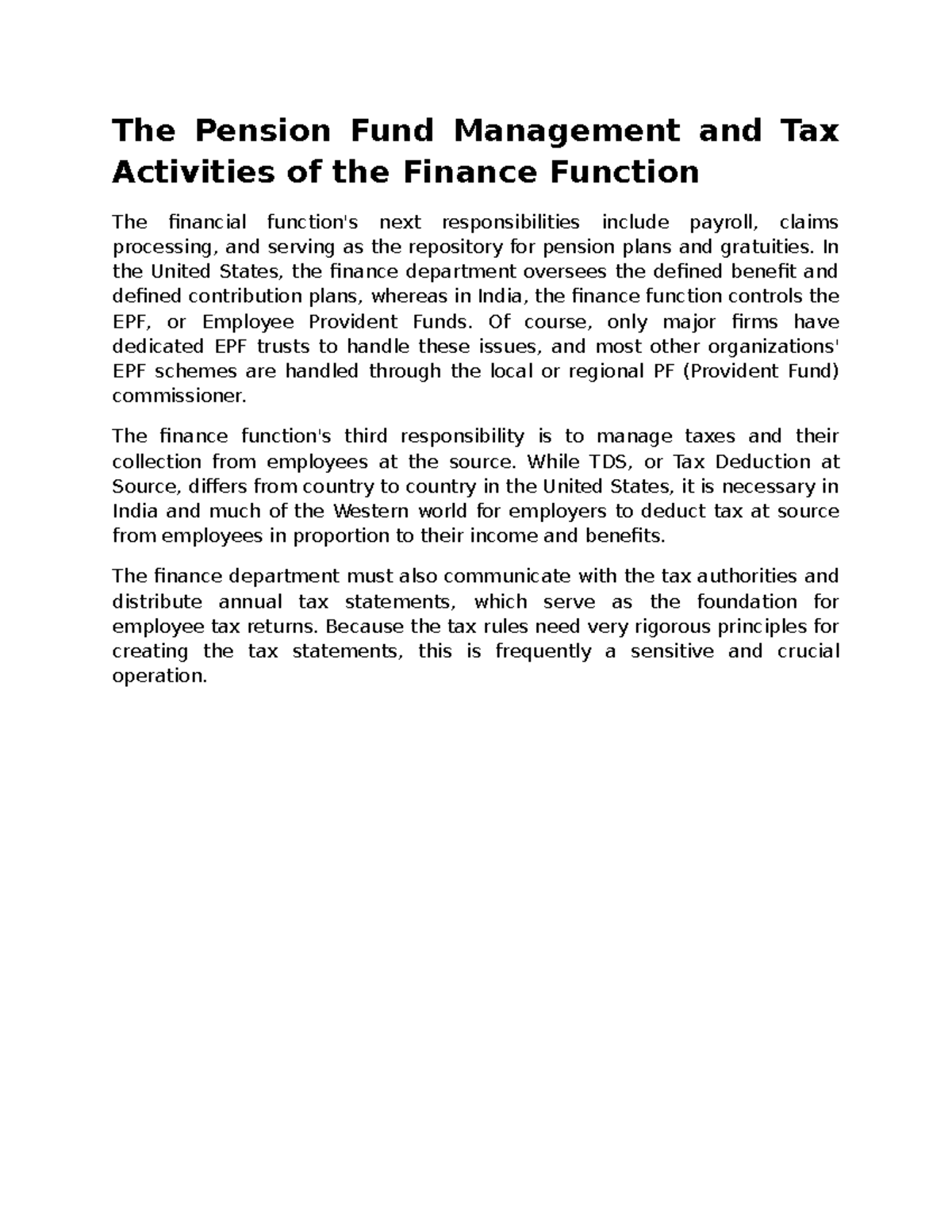 The Pension Fund Management and Tax Activities of the Finance Function ...