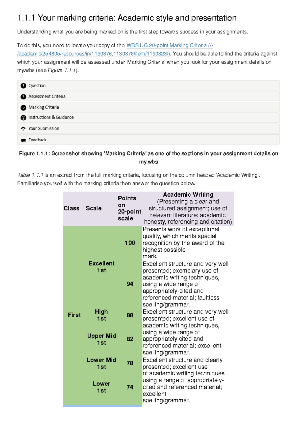 Academic Writing UG - 1.1 The WBS marking criteria (2021-10-01 ...