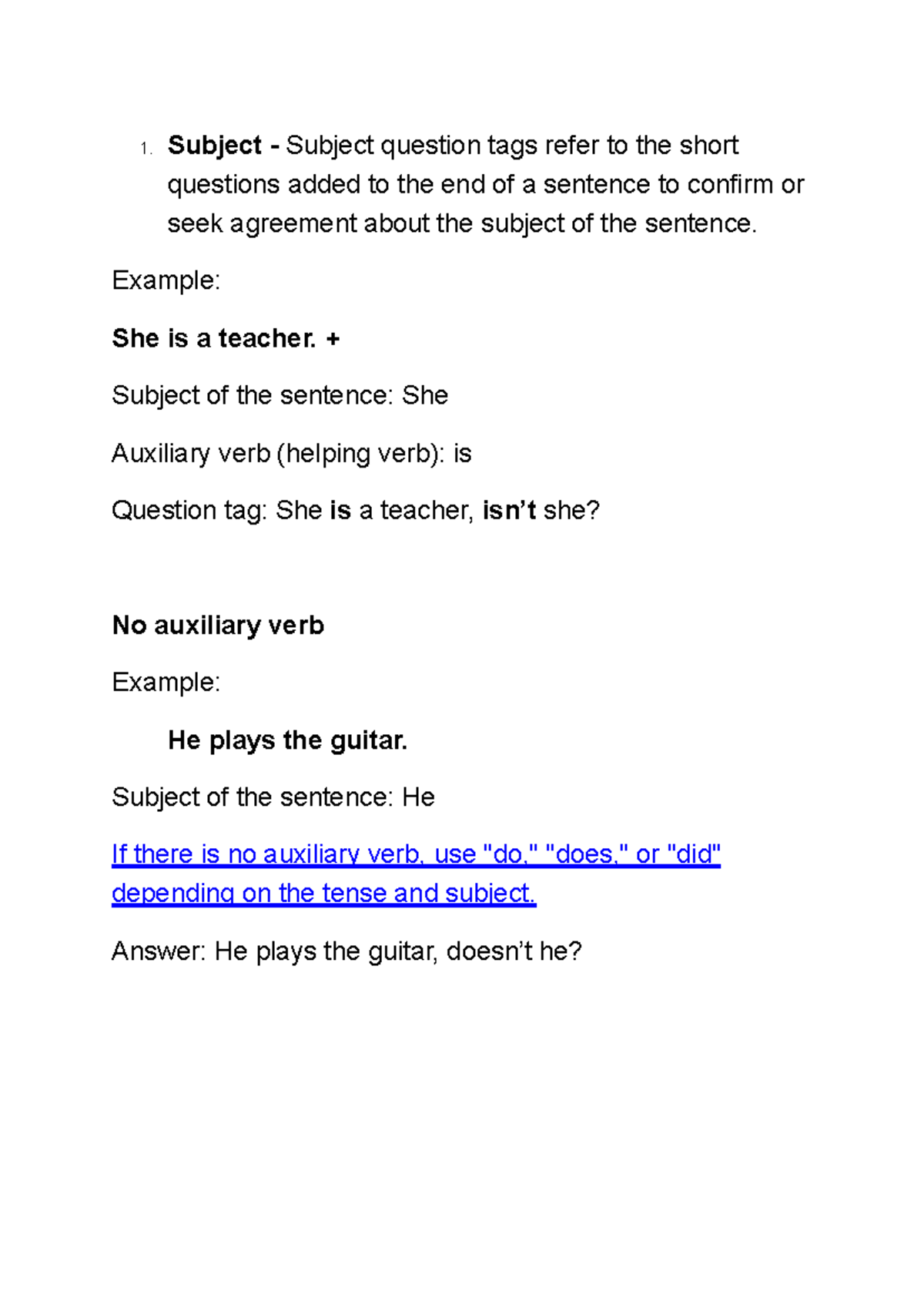 Tag Questions - Question tags for ESL English - 1. Subject - Subject ...