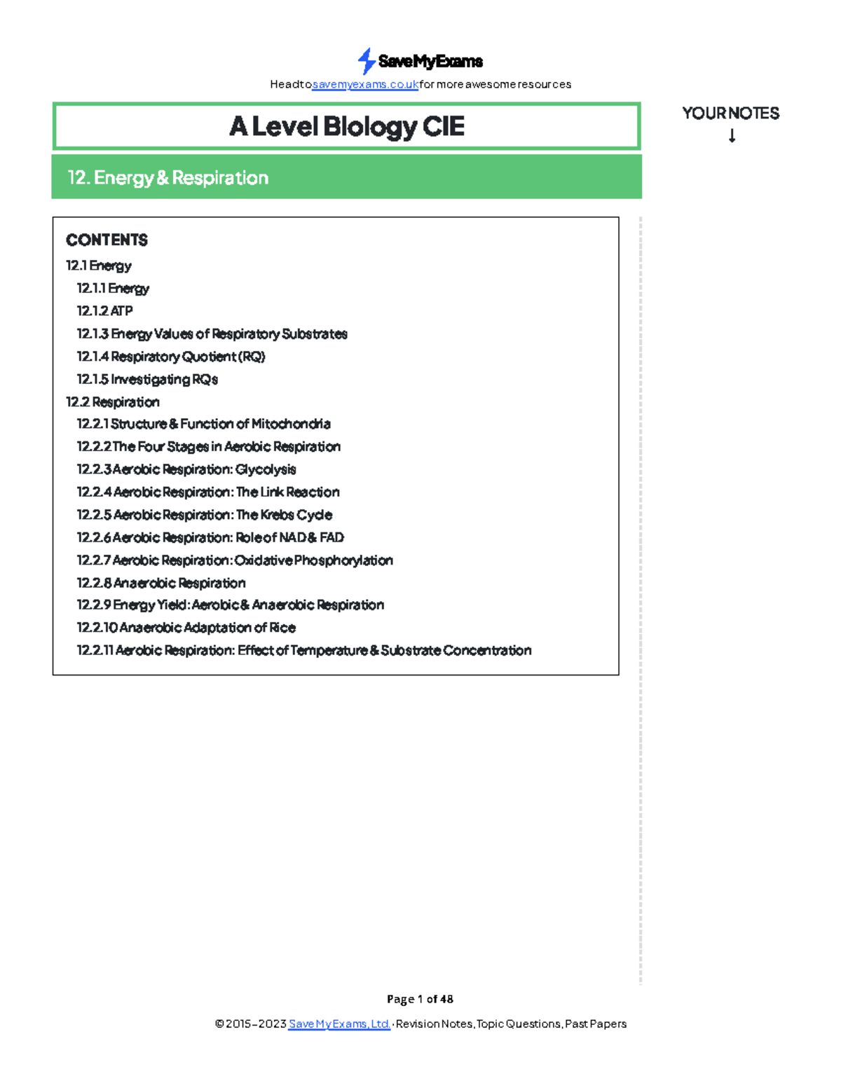 Energy and Respiration - Page 1 of 48 A Level Biology CIE 12. Energy ...
