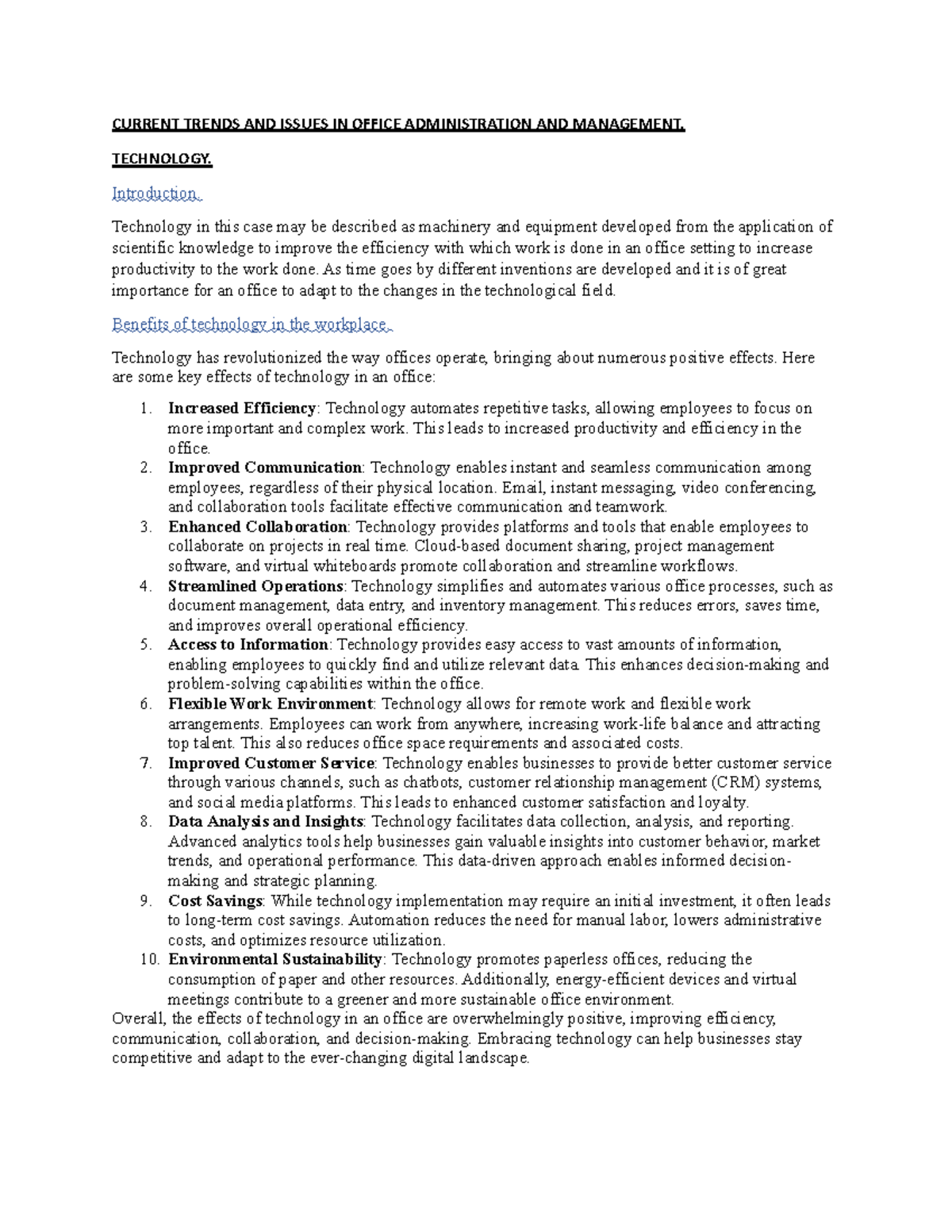 EFFECTS OF TECHNOLOGY - CURRENT TRENDS AND ISSUES IN OFFICE ...