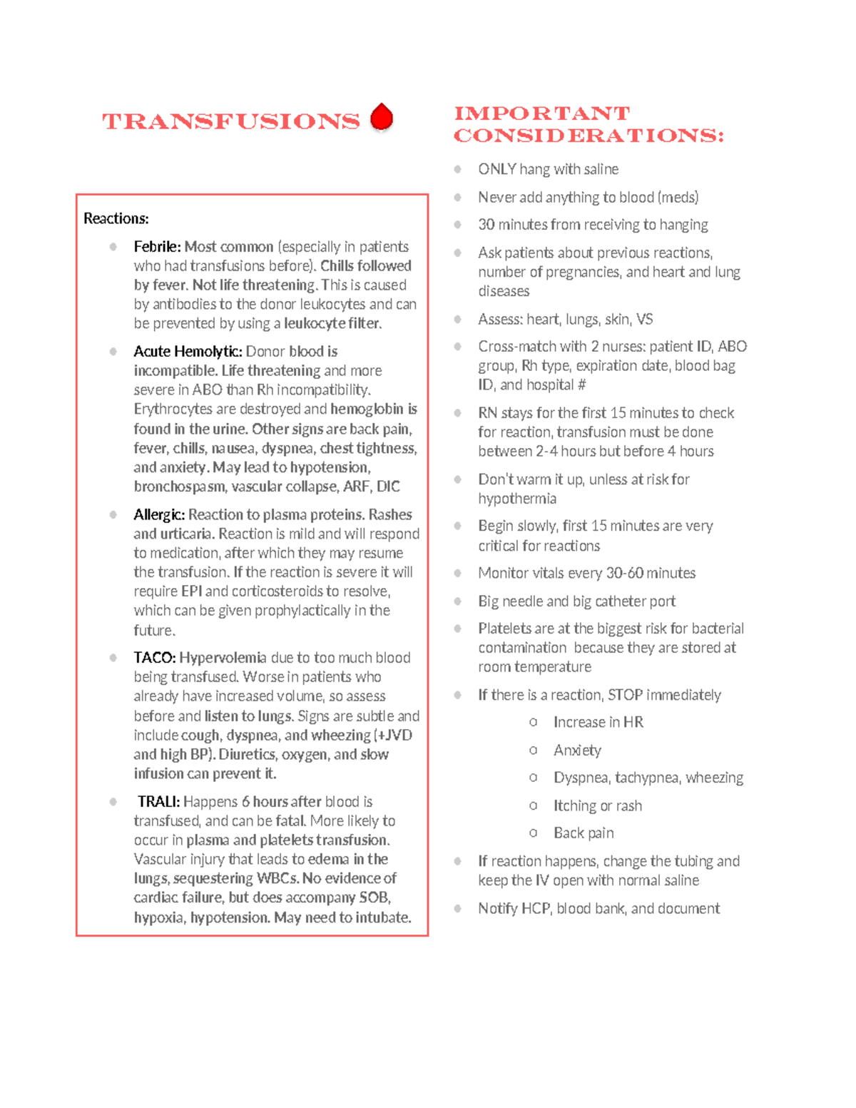 Blood Transfusions - TRANSFUSIONS Reactions: Febrile: Most common ...