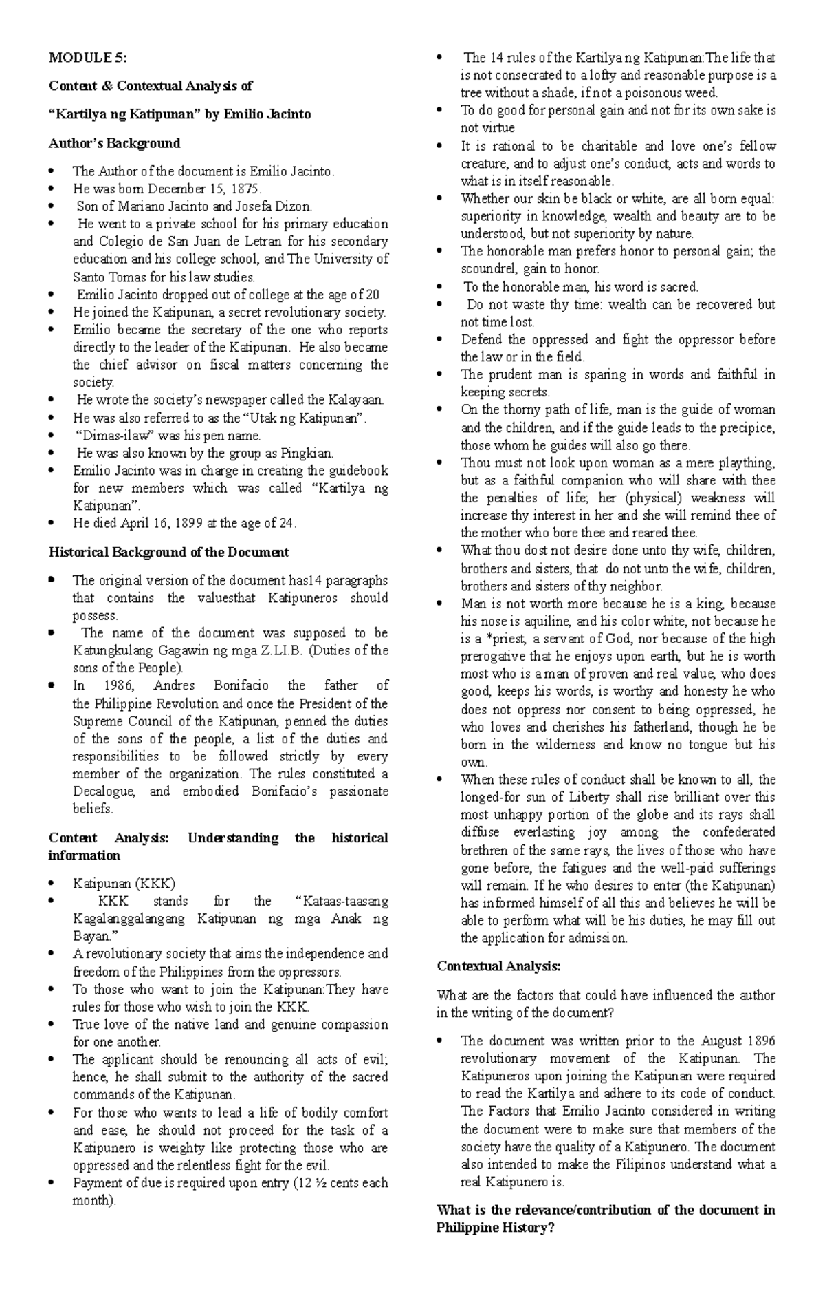 RPH 5 - Reviewer - MODULE 5: Content & Contextual Analysis of “Kartilya ng Katipunan” by Emilio ...