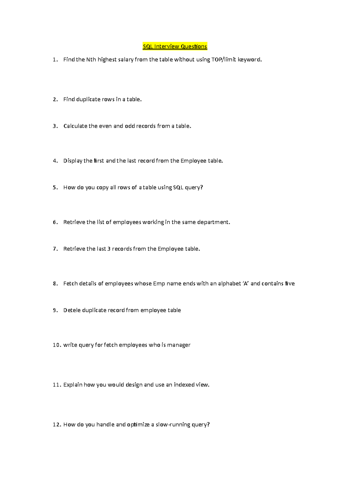 Sql Interview Questions Sql Interview Questions Find The Nth Highest Salary From The Table