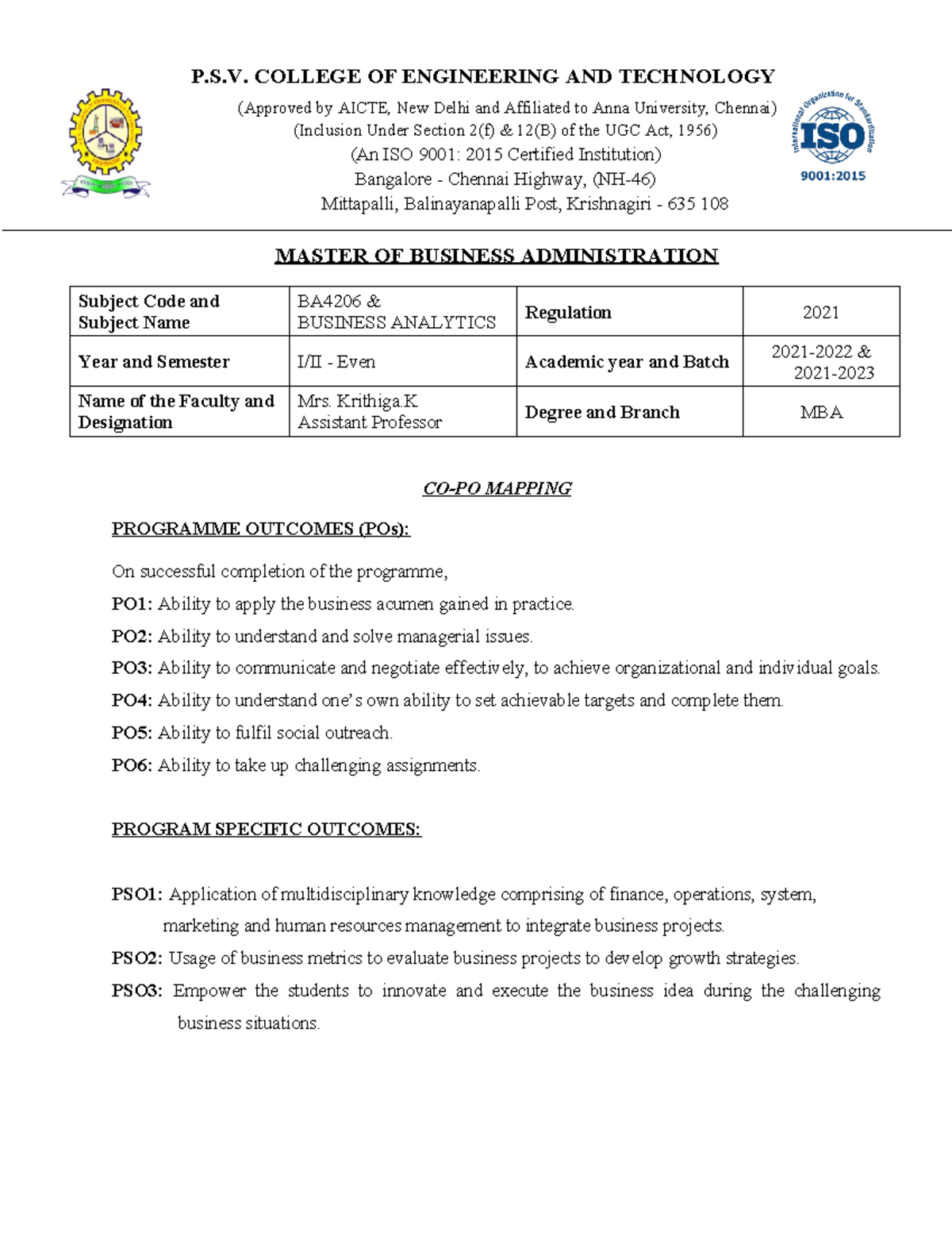 Co-Po Mapping BA - P.S. COLLEGE OF ENGINEERING AND TECHNOLOGY (Approved ...