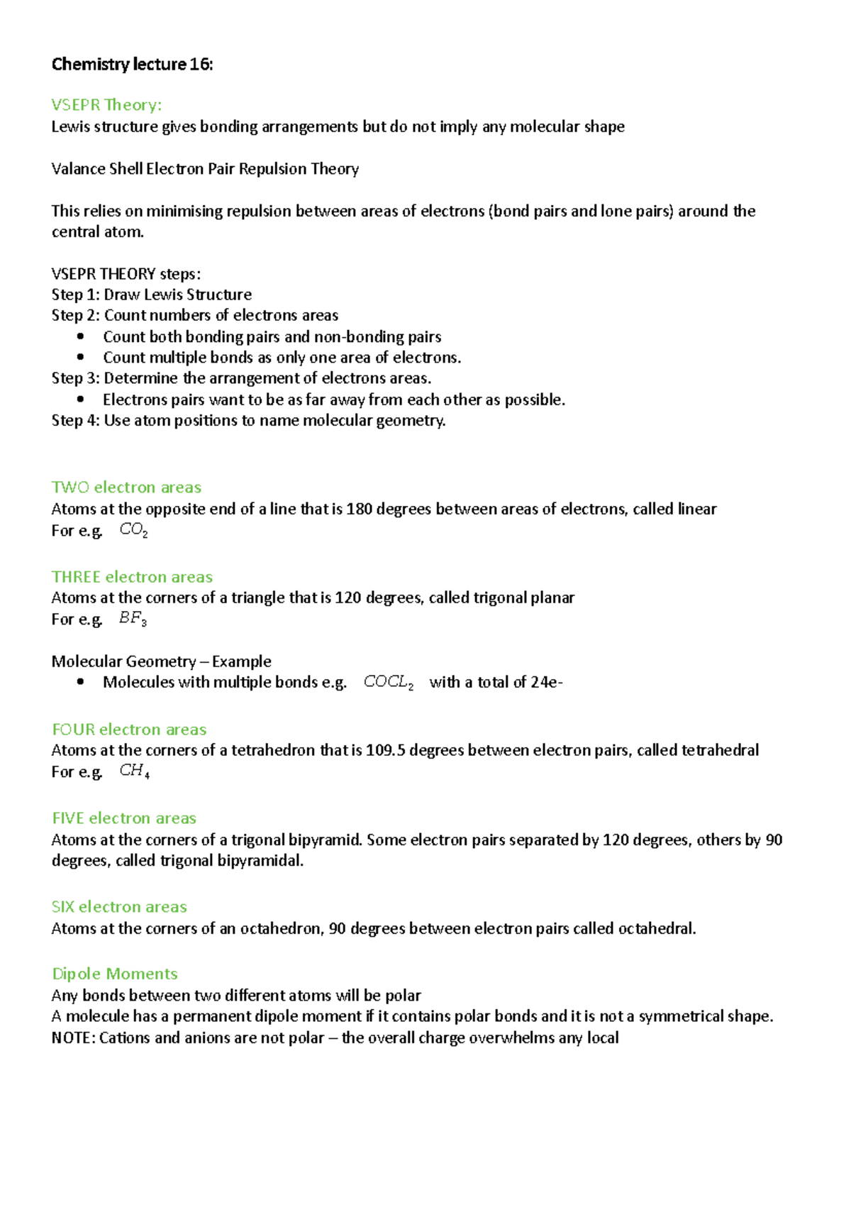 lecture notes 16-18 - Chemistry lecture 16: VSEPR Theory: Lewis ...