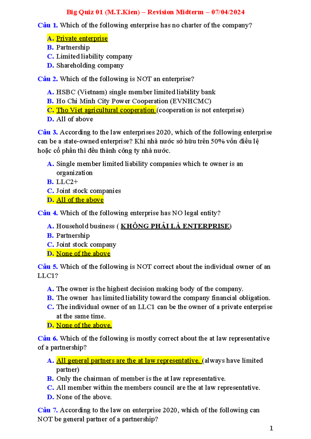 Big Quiz 01 M - stuff, good luckkk - Big Quiz 01 (M.T) – Revision Midterm – 07/04/ Câu 1. Which ...