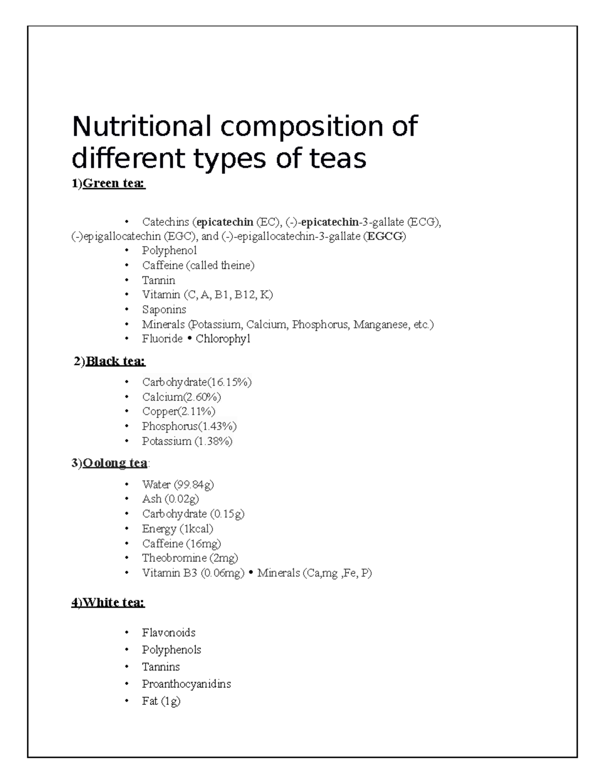 Nutritional composition of various teas - Nutritional composition of ...