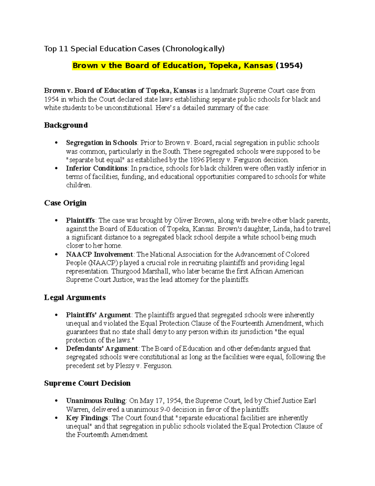Top 11 Special Education Cases - Board of Education of Topeka, Kansas ...