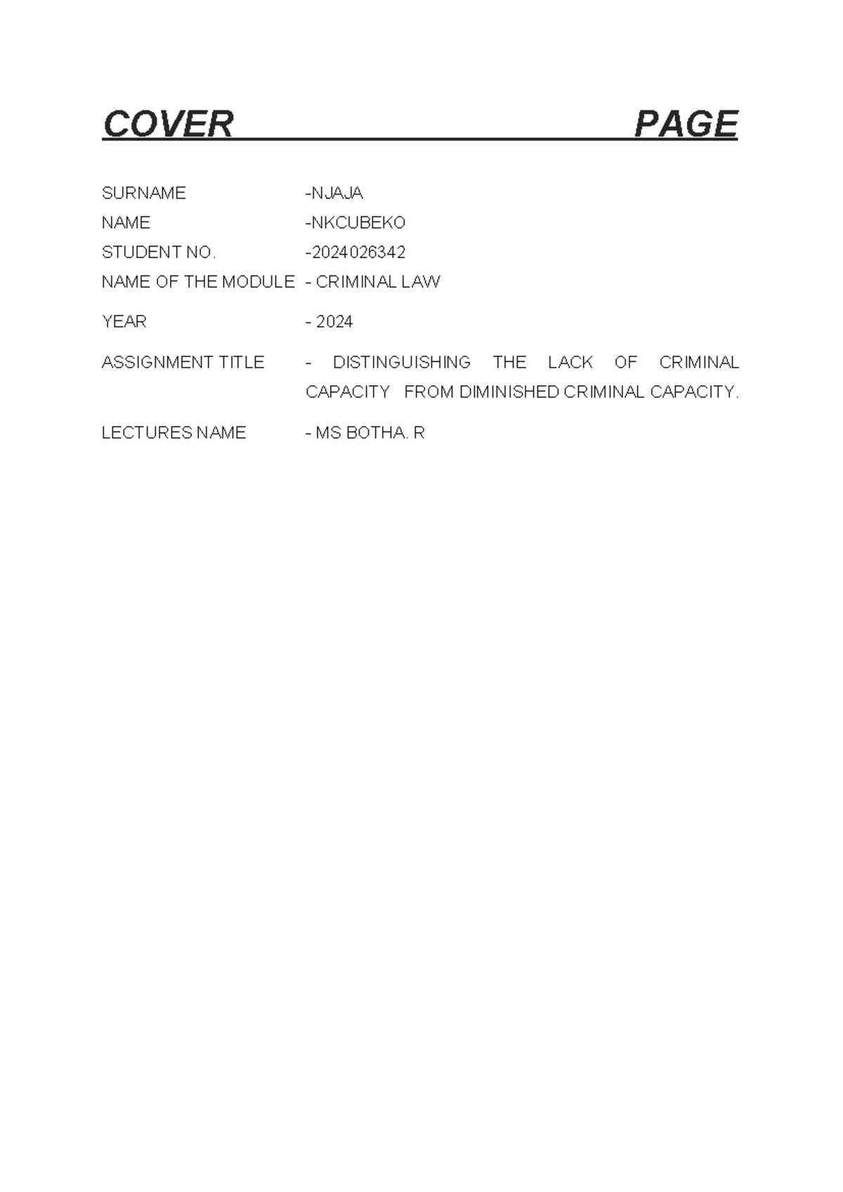 MR YOLANDA NTSIKA N - COVER PAGE SURNAME -NJAJA NAME -NKCUBEKO STUDENT ...