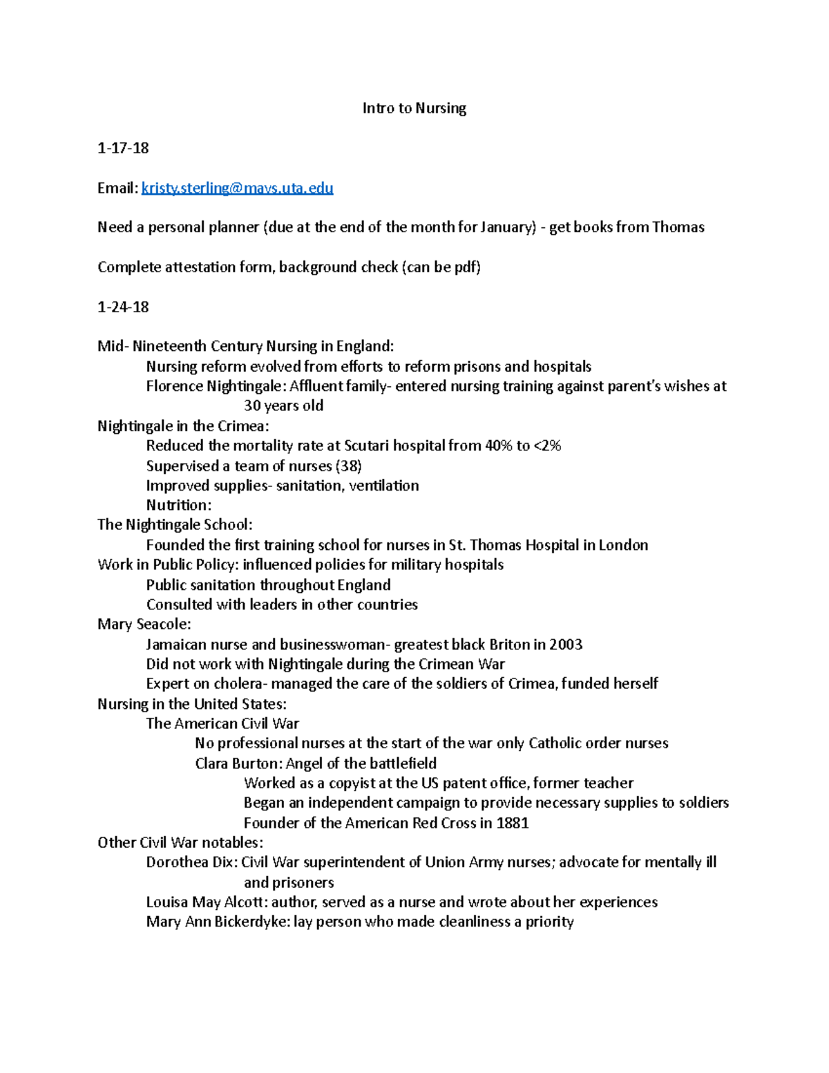 Intro to Nursing - class notes - Intro to Nursing 1-17- Email: kristy ...