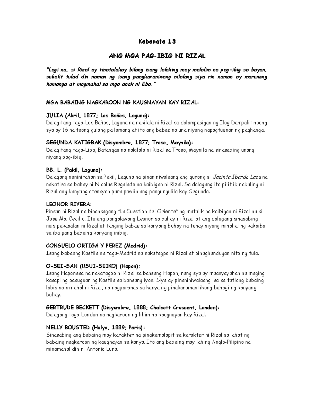 Pdfcoffee - Complications of Rizal's love life. - Kabanata 13 ANG MGA ...