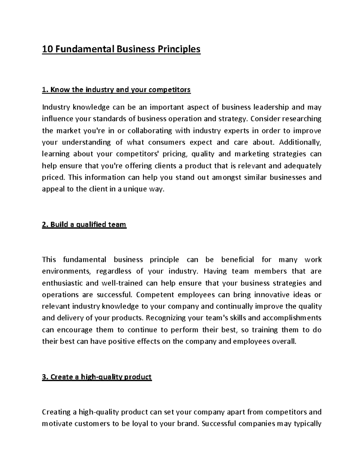 BUSINESS PRINCIPLES - 10 Fundamental Business Principles 1. Know the ...