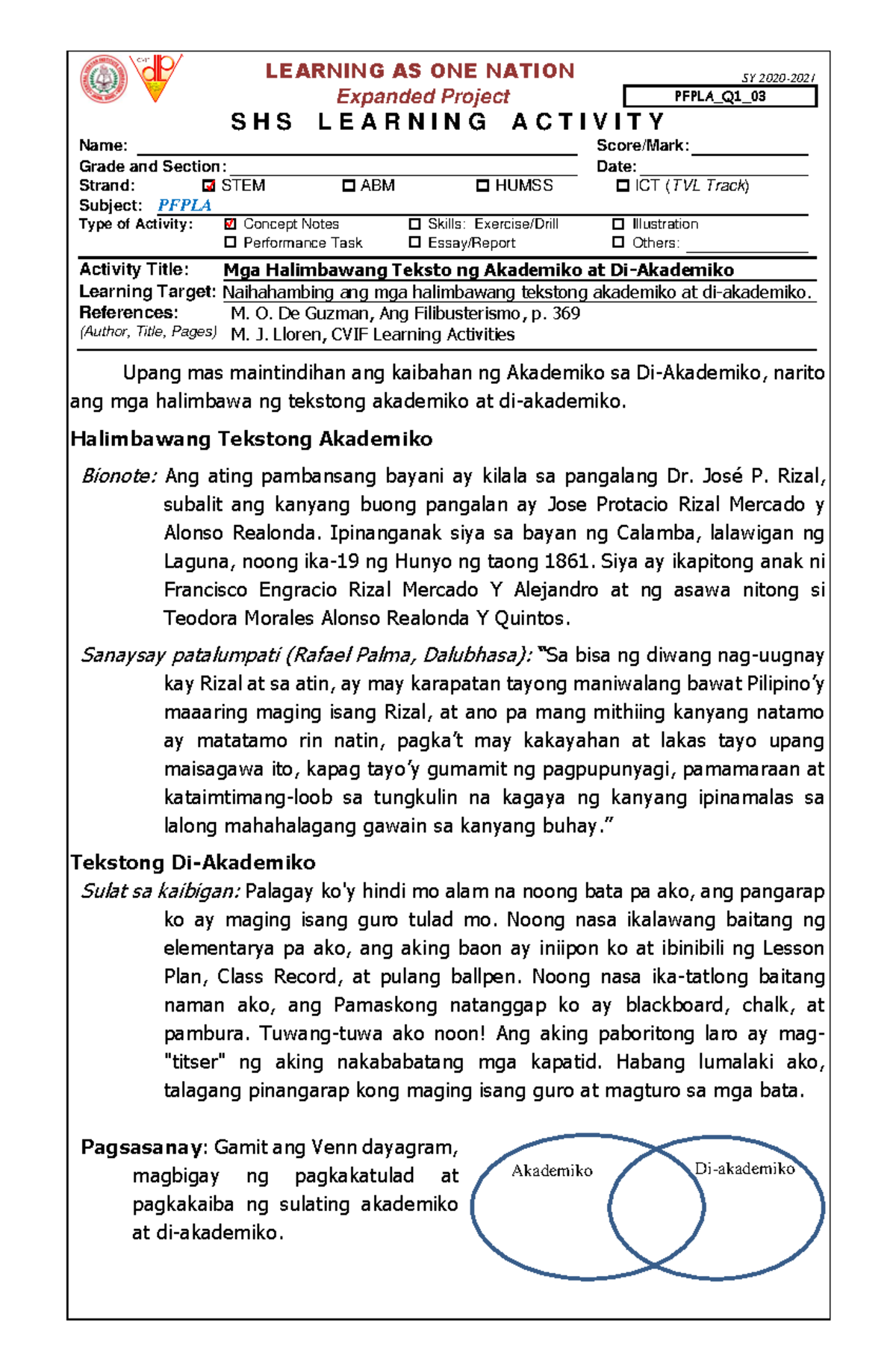 LAS 3 Mga Halimbawa ng Tekstong Akademiko - ... LEARNING AS ONE NATION ...