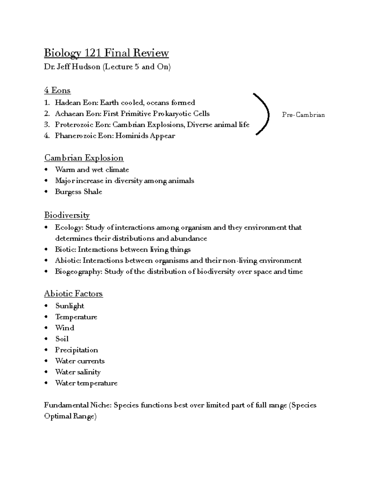 Biology 121 Final Review - Biology 121 Final Review Dr. Jeff Hudson ...