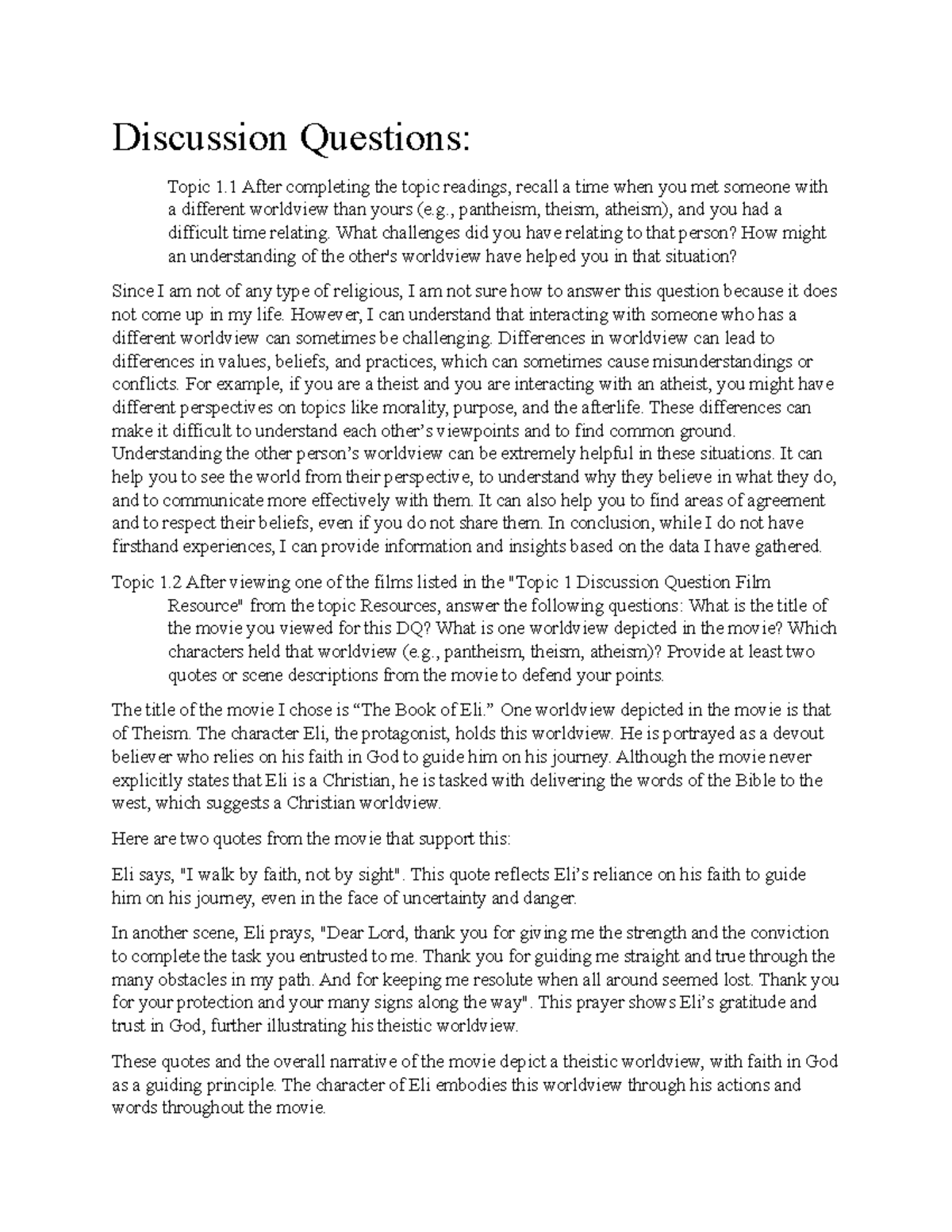 Christian Worldview Assignements - Discussion Questions: Topic 1 After ...