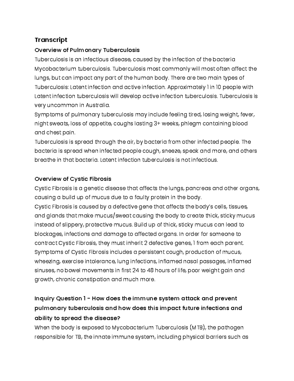 Biology - Study of infectious and Non-infectious Disease Tuberculosis ...