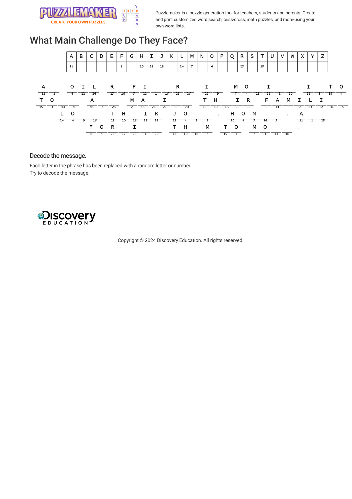 Cryptogram Puzzle Discovery Education Puzzlemaker - Puzzlemaker is a ...