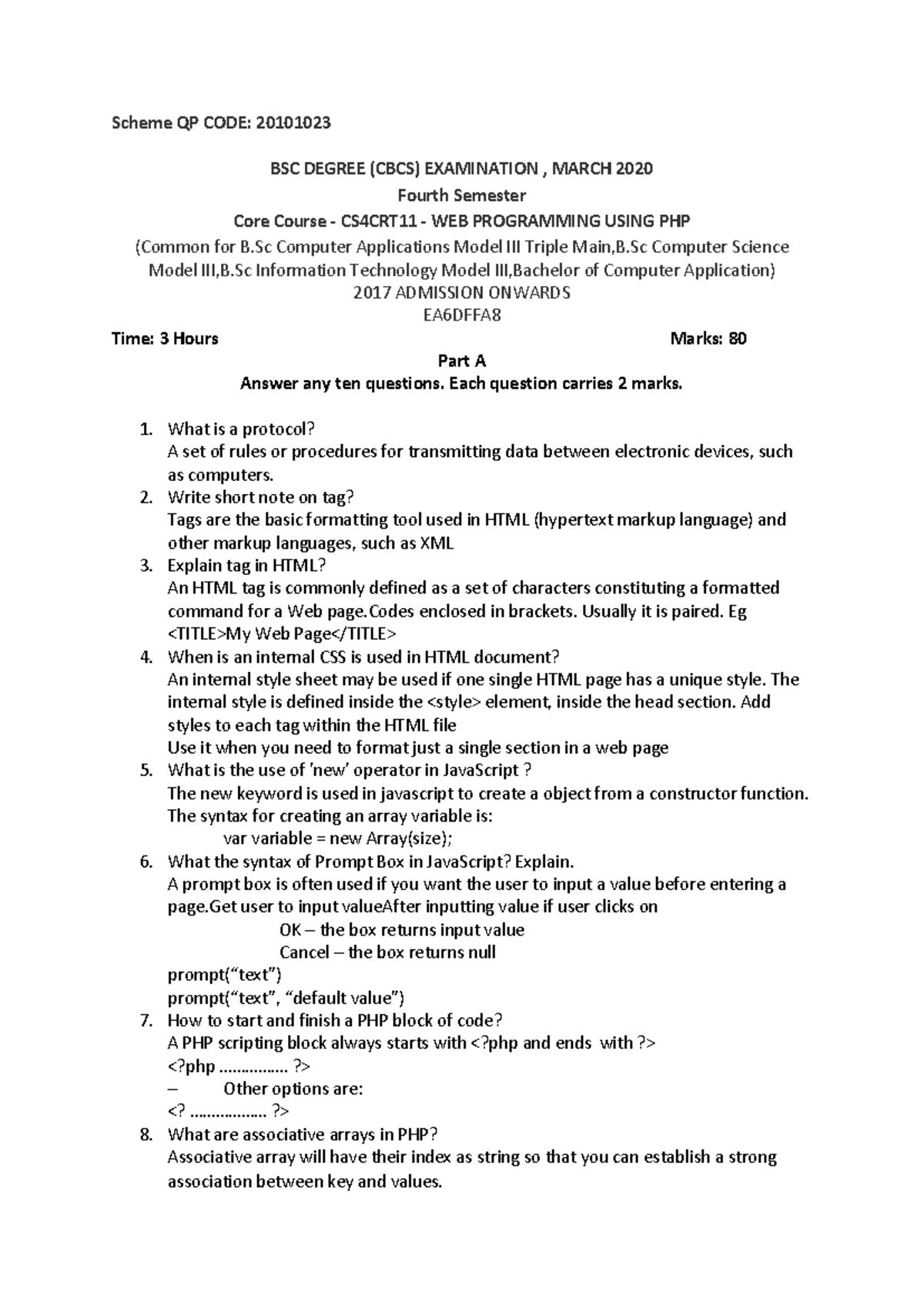 Php march 2020 - Scheme QP CODE: 20101023 BSC DEGREE (CBCS) EXAMINATION , MARCH 2020 Fourth ...
