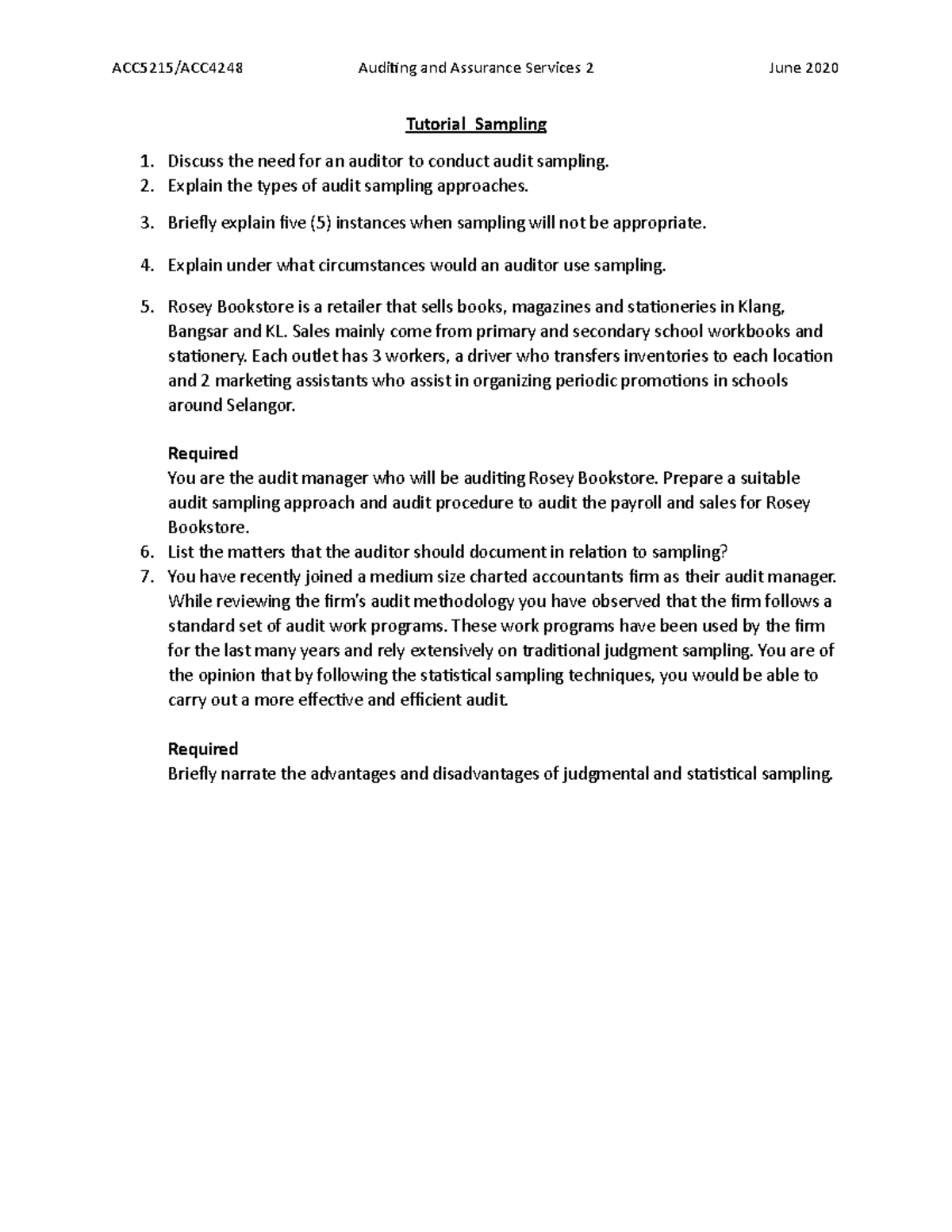 Tutorial 4 Audit Sampling June 2020 - ACC5215/ACC4248 Auditing and ...
