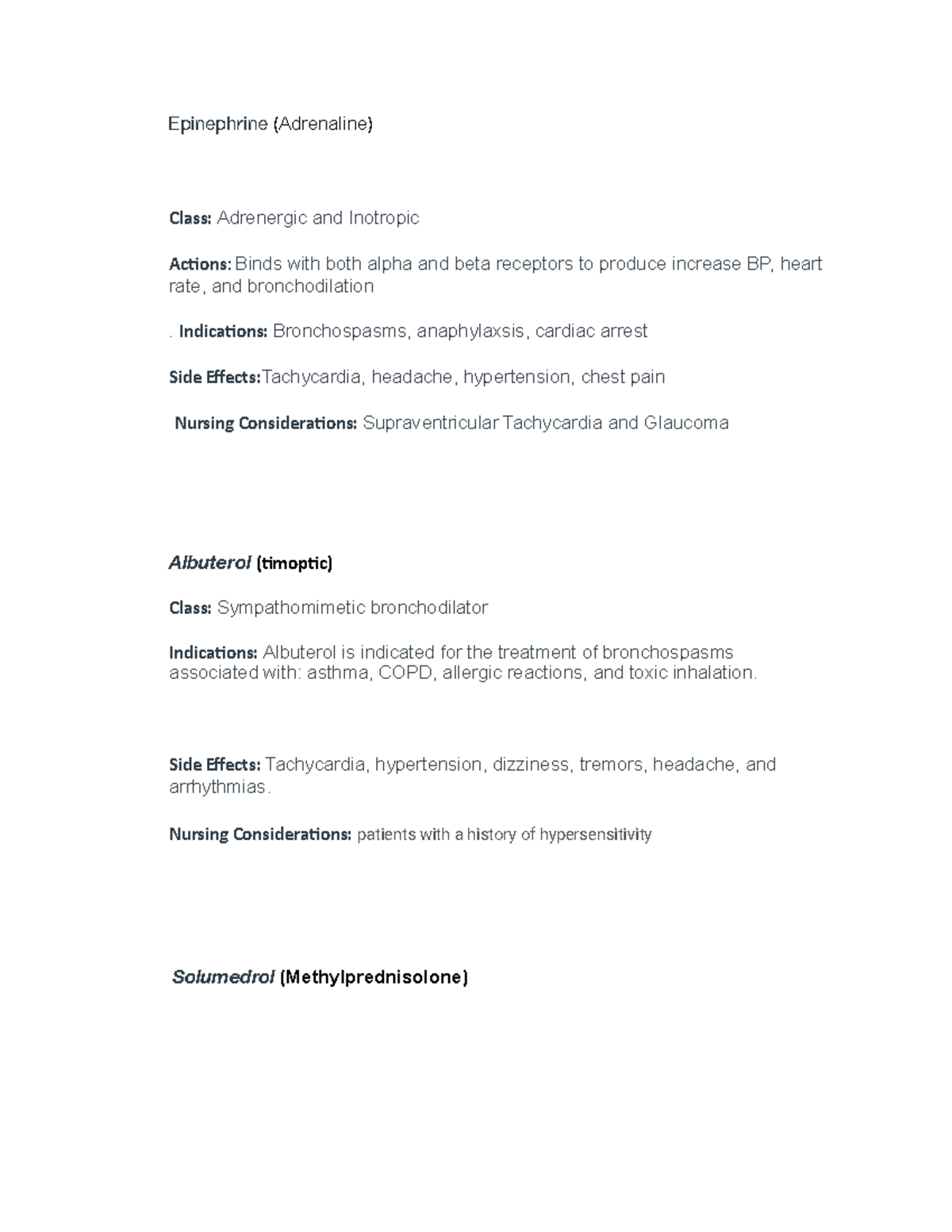 Drug card - nursing - Epinephrine (Adrenaline) Class: Adrenergic and ...