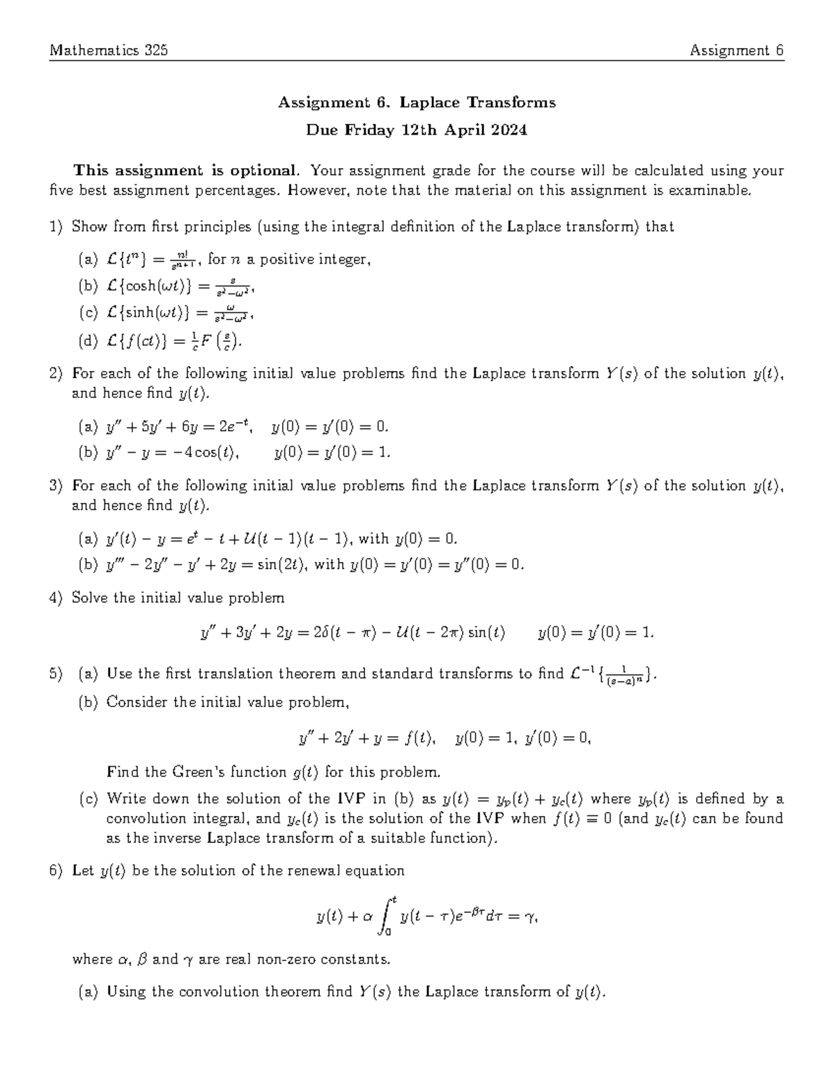 Ass6 - Assignment 6 - Mathematics 325 Assignment 6 Assignment 6 ...