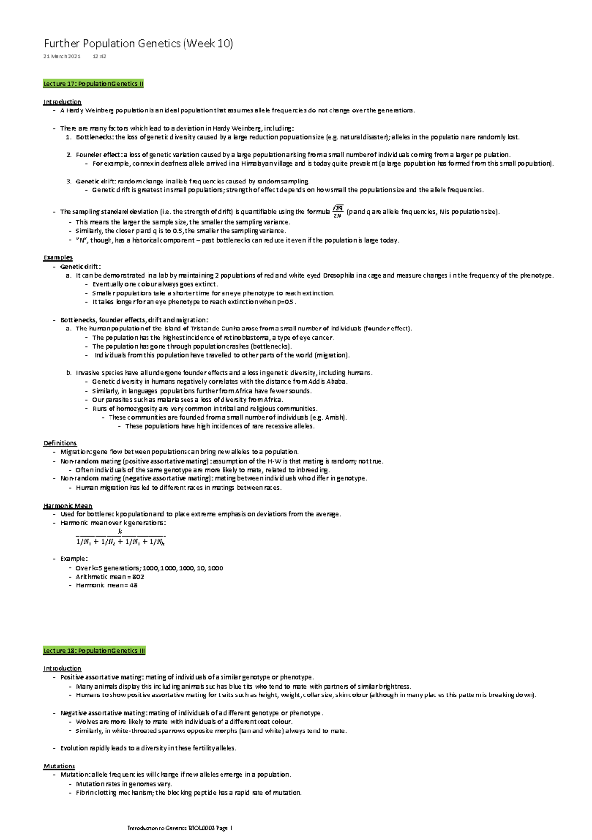 Week 10 - Further Population Genetics - Lecture 17: Population Genetics ...