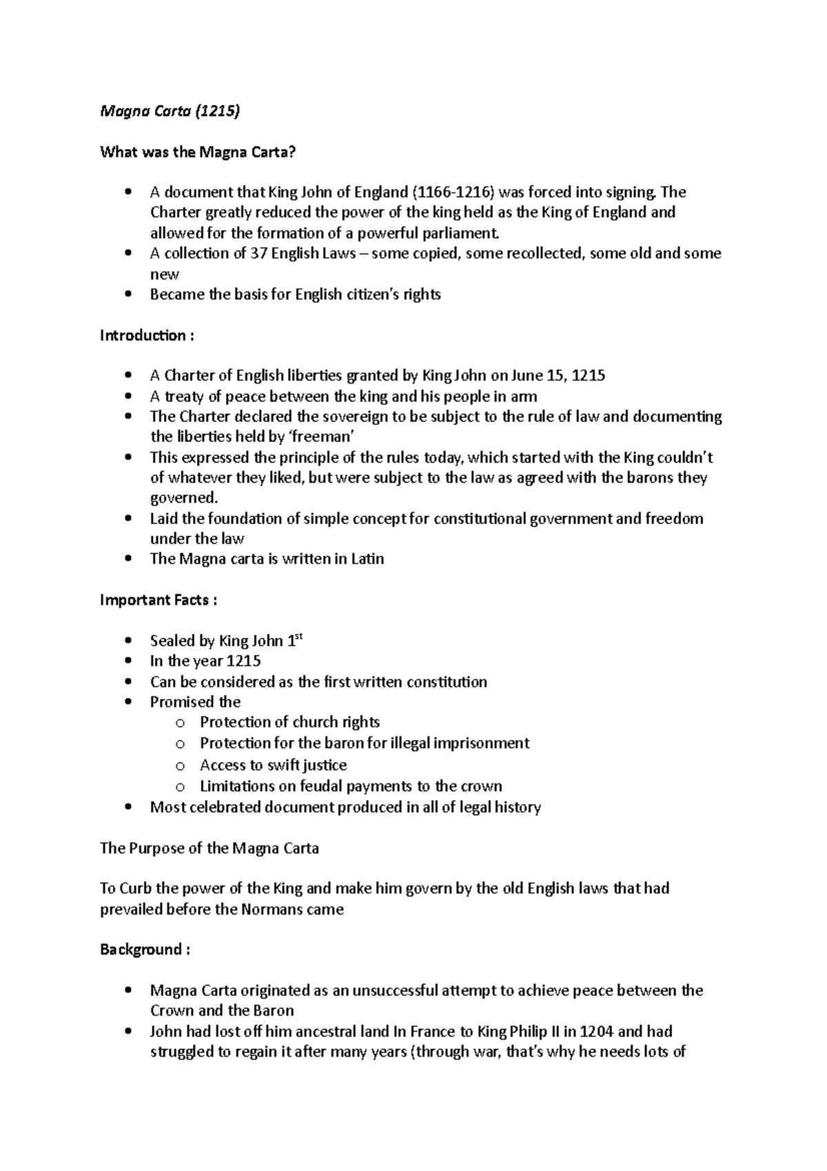 Magna Carta - The Charter greatly reduced the power of the king held as ...