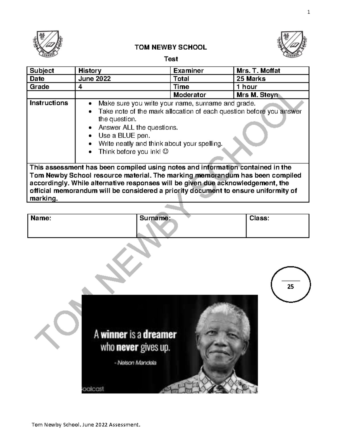 Grade 4 History Exam June 2022 - TOM NEWBY SCHOOL Test Subject History ...
