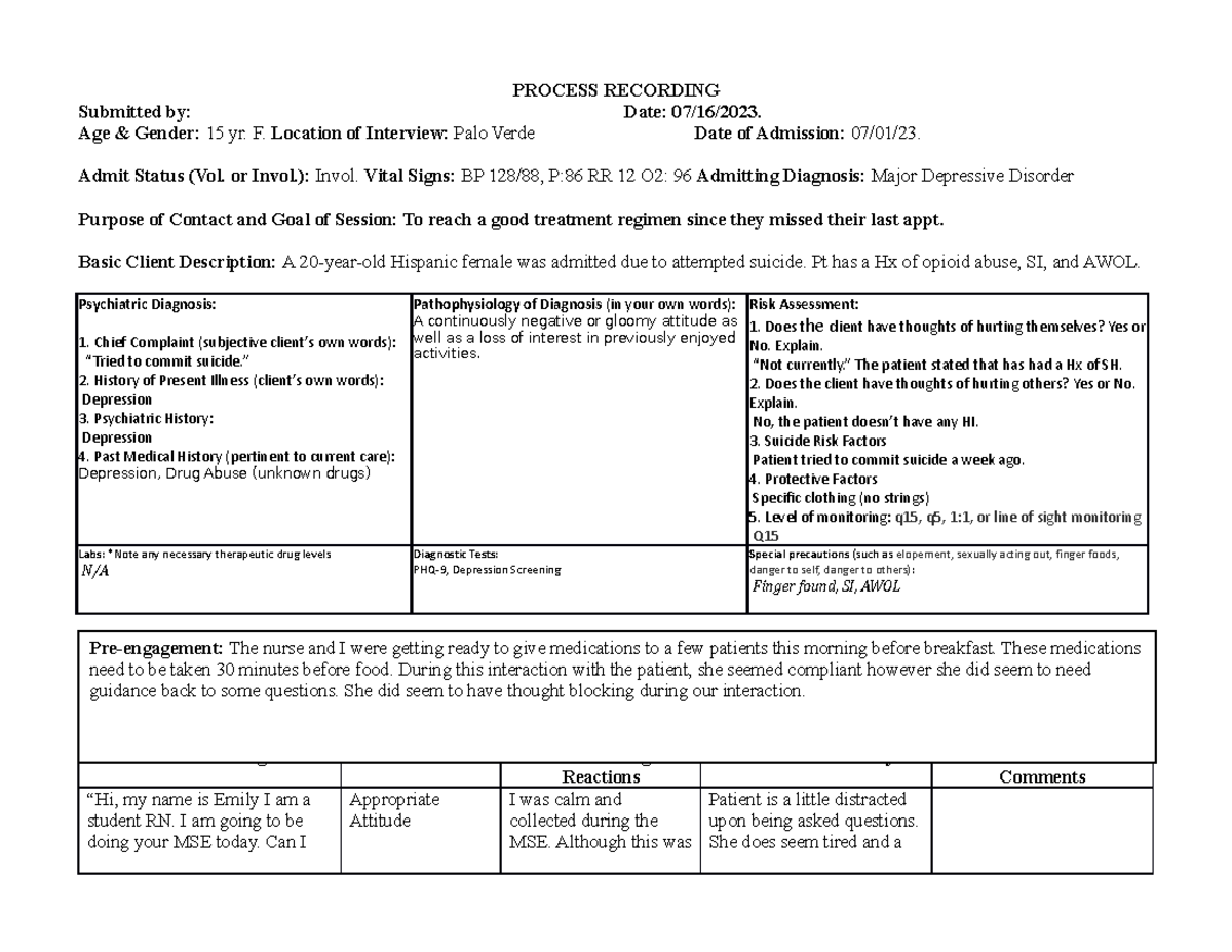 Process Recording - PROCESS RECORDING Submitted by: Date: 07/16/2023. Age & Gender: 15 yr. F ...