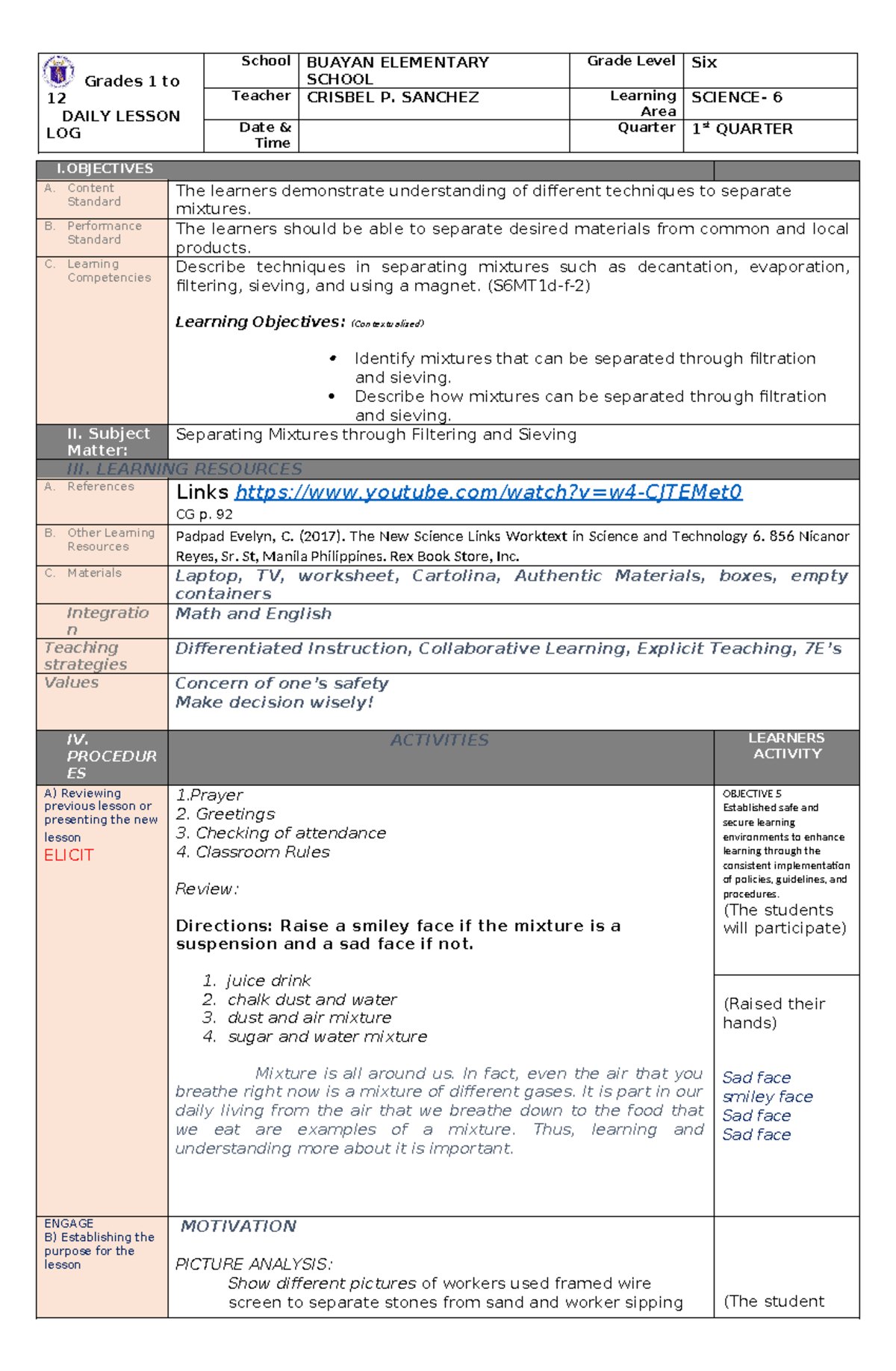 Science 1Q - Grades 1 to 12 DAILY LESSON LOG School BUAYAN ELEMENTARY ...