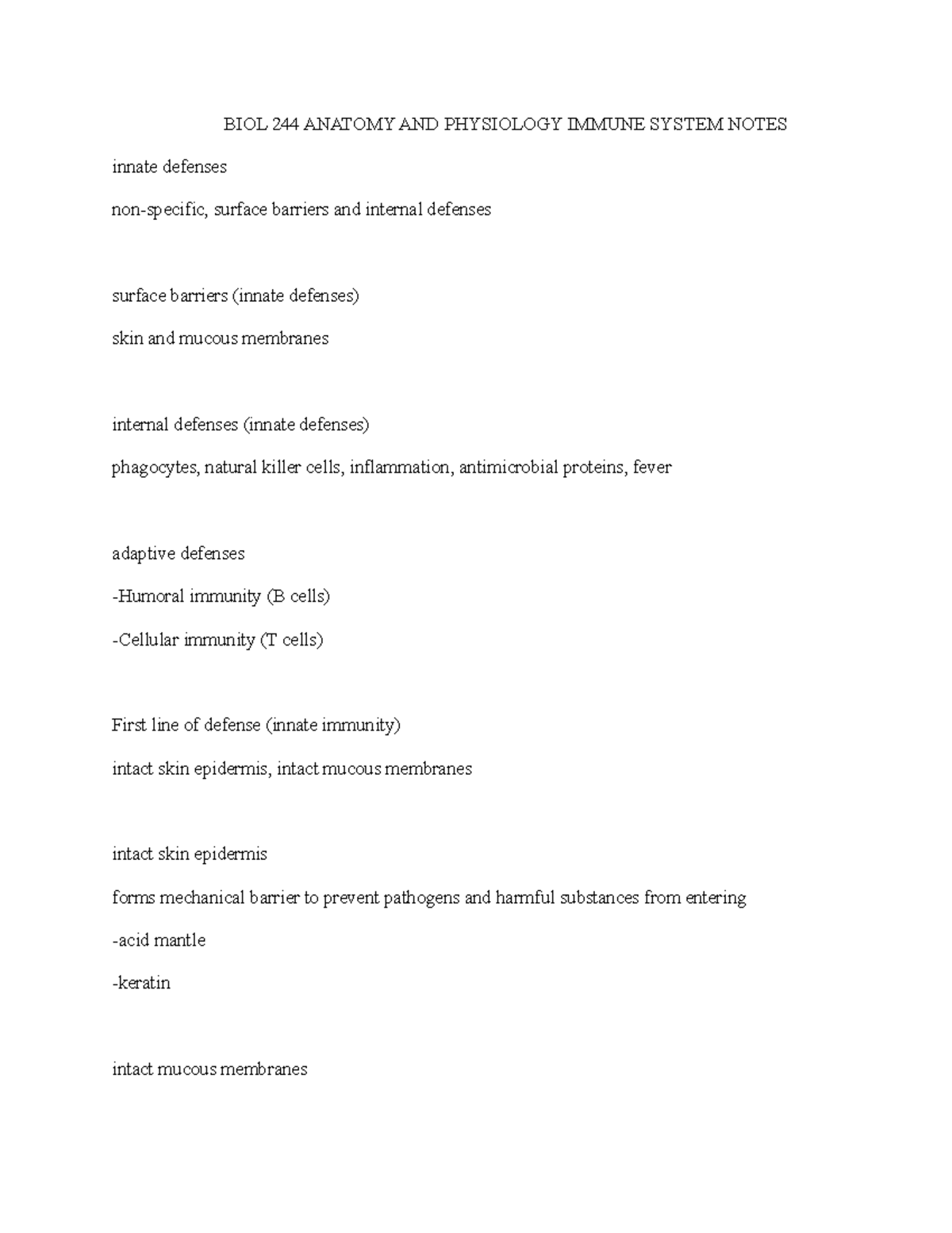 BIOL 244 Anatomy AND Physiology Immune System Notes - BIOL 244 ANATOMY ...