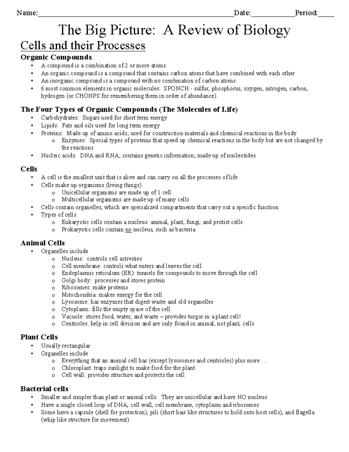 Biology Reviewer - The Big Picture: A Review of Biology Cells and their ...