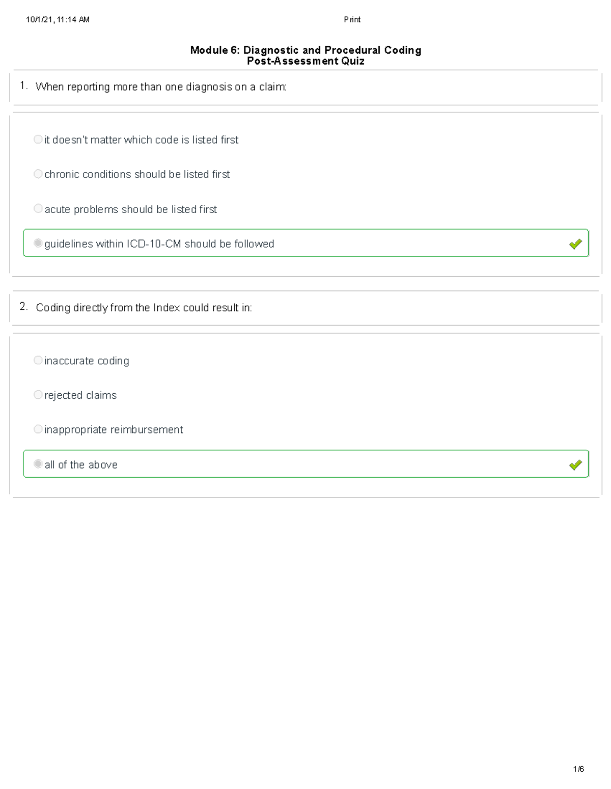 HITT2335 Module 6 Diagnostic and Procedural Coding Post Assessment Quiz - Module 6: Diagnostic ...