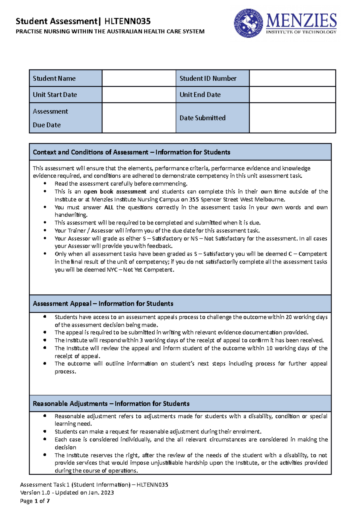 AT1 - Hltenn 035 - Case study - Student Name Student ID Number Unit ...