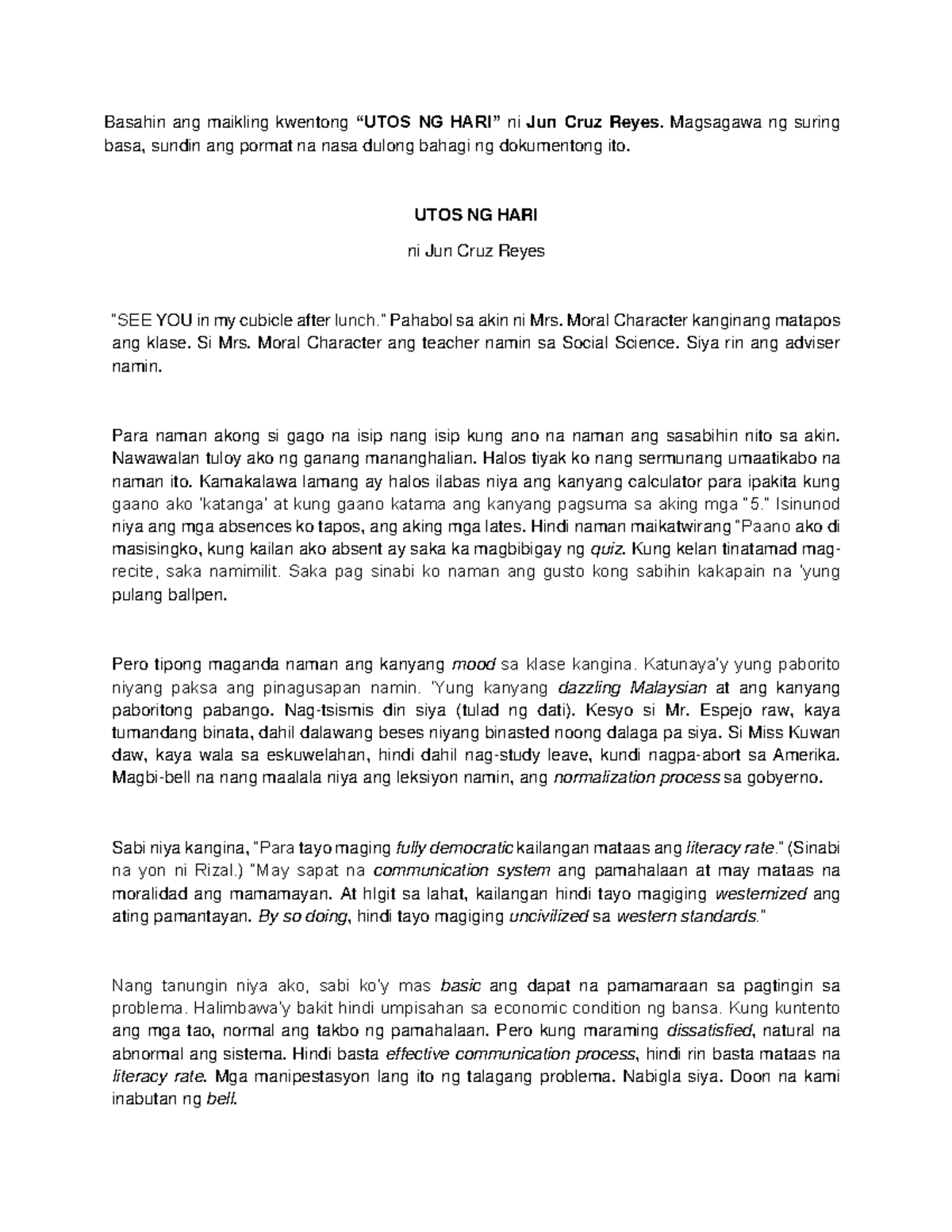 UTOS NG HARI Activity Pagbasa - Basahin ang maikling kwentong “UTOS NG ...
