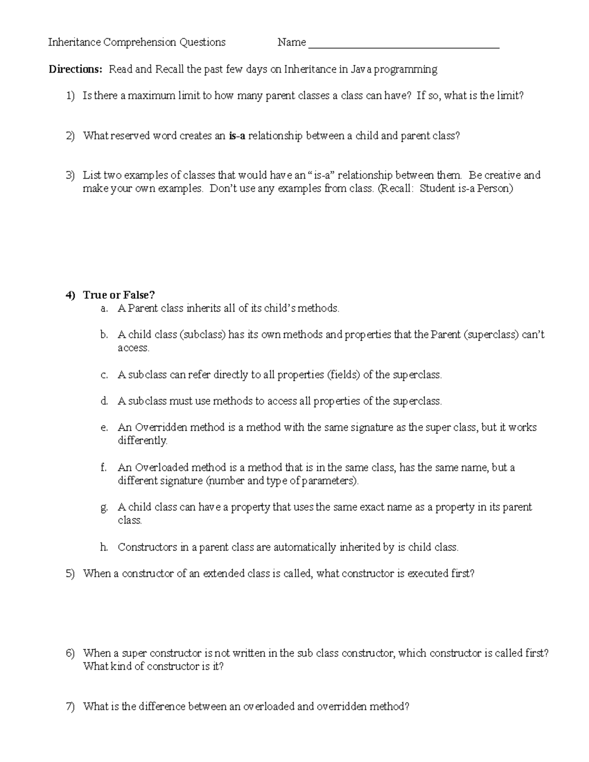 06 Inheritance Comprehension Questions - Be creative and make your own ...
